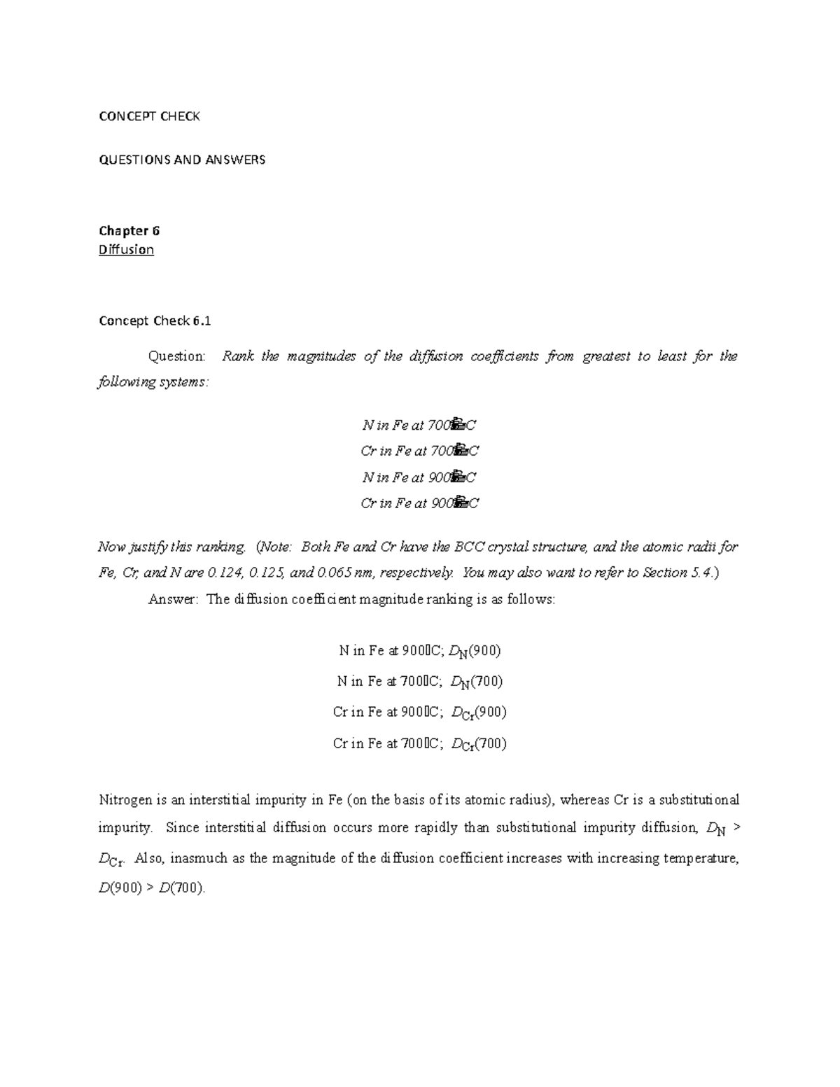 Concept Check QA Ch 06 - Math Answers - CONCEPT CHECK QUESTIONS AND ANSWERS Chapter 6 Diffusion ...