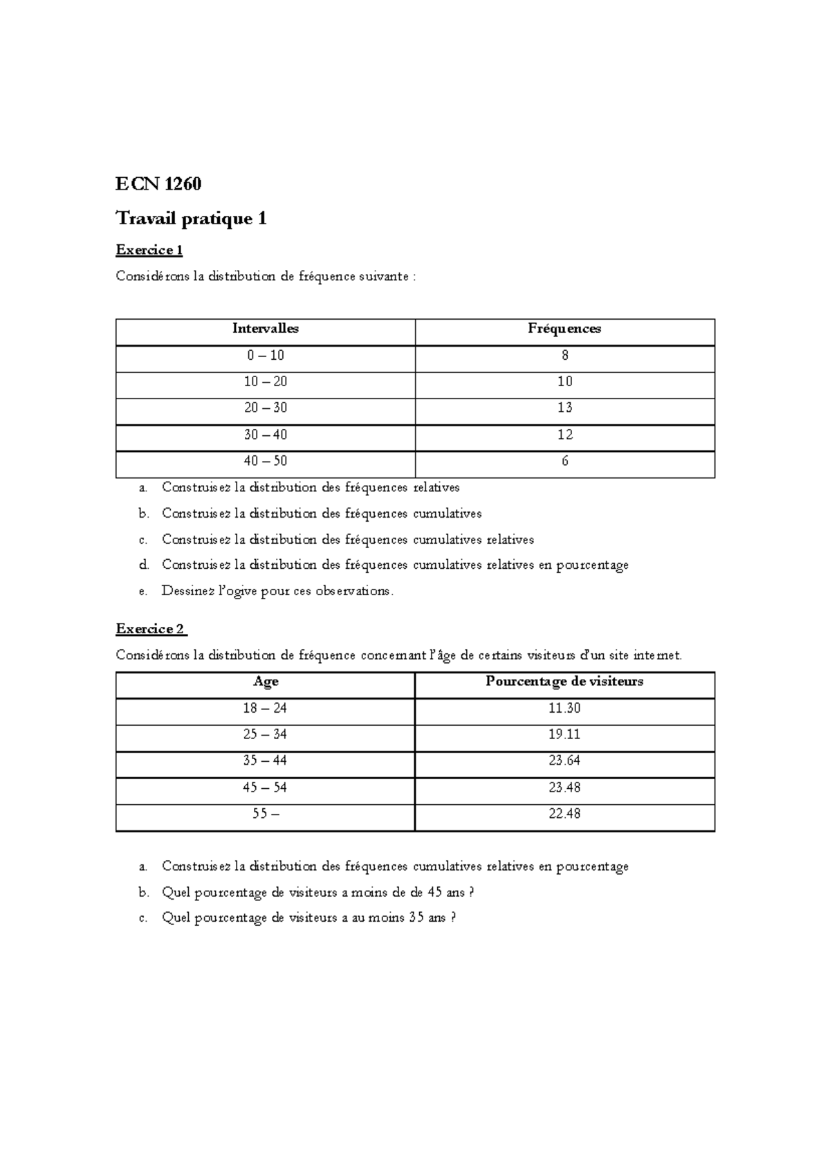 Exercices de TP - ECN 1260 Travail pratique 1 Exercice 1 Considérons la distribution de ...