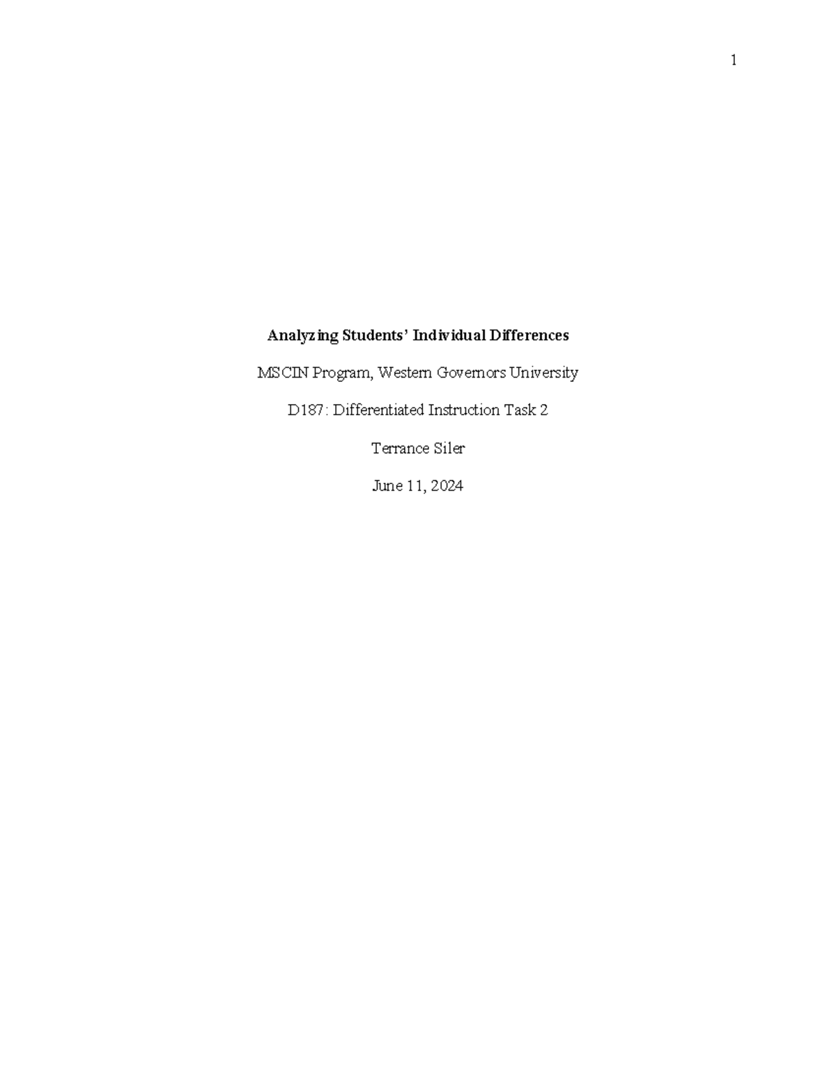 D187 Task 2 - PASSED - Analyzing Students’ Individual Differences MSCIN ...