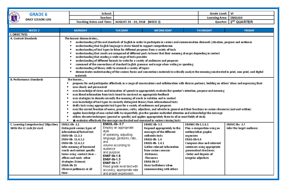 DLL G6 Q2 WEEK 2 ALL Subjects (Mam Inkay Peralta) - GRADE 6 DAILY ...
