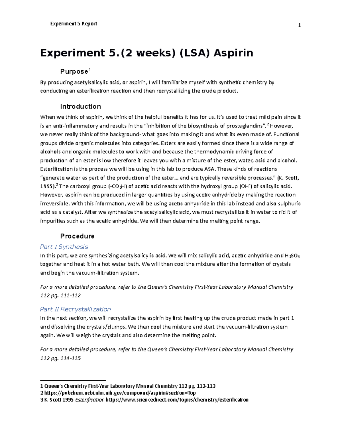 CHEM112 Lab #9 - Aspirin - Experiment 5. (2 weeks) (LSA) Aspirin ...