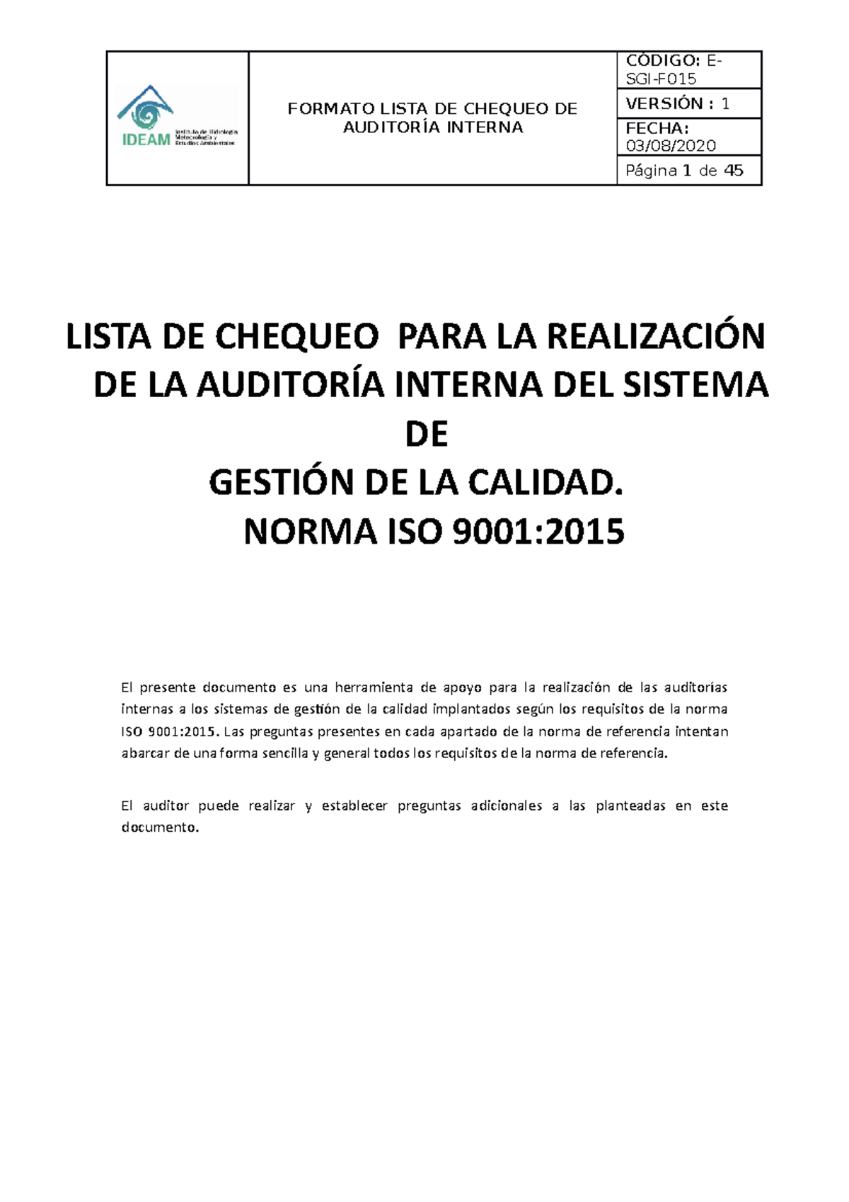 E-SGI-F015 Formato Lista DE Chequeo DE Auditoría Interna ISO 9001 2015 ...
