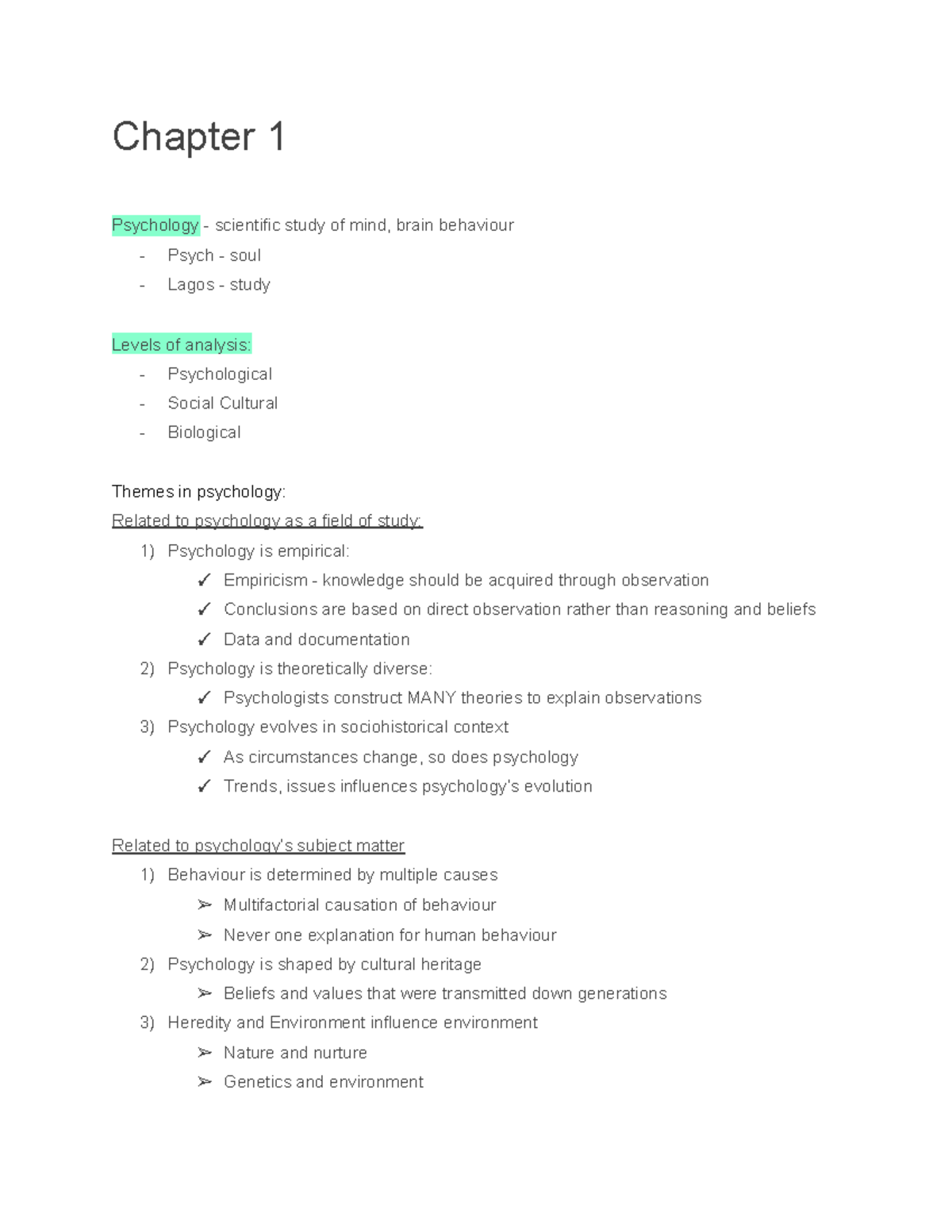 Test 1 notes -psychology - Chapter 1 Psychology - scientific study of ...