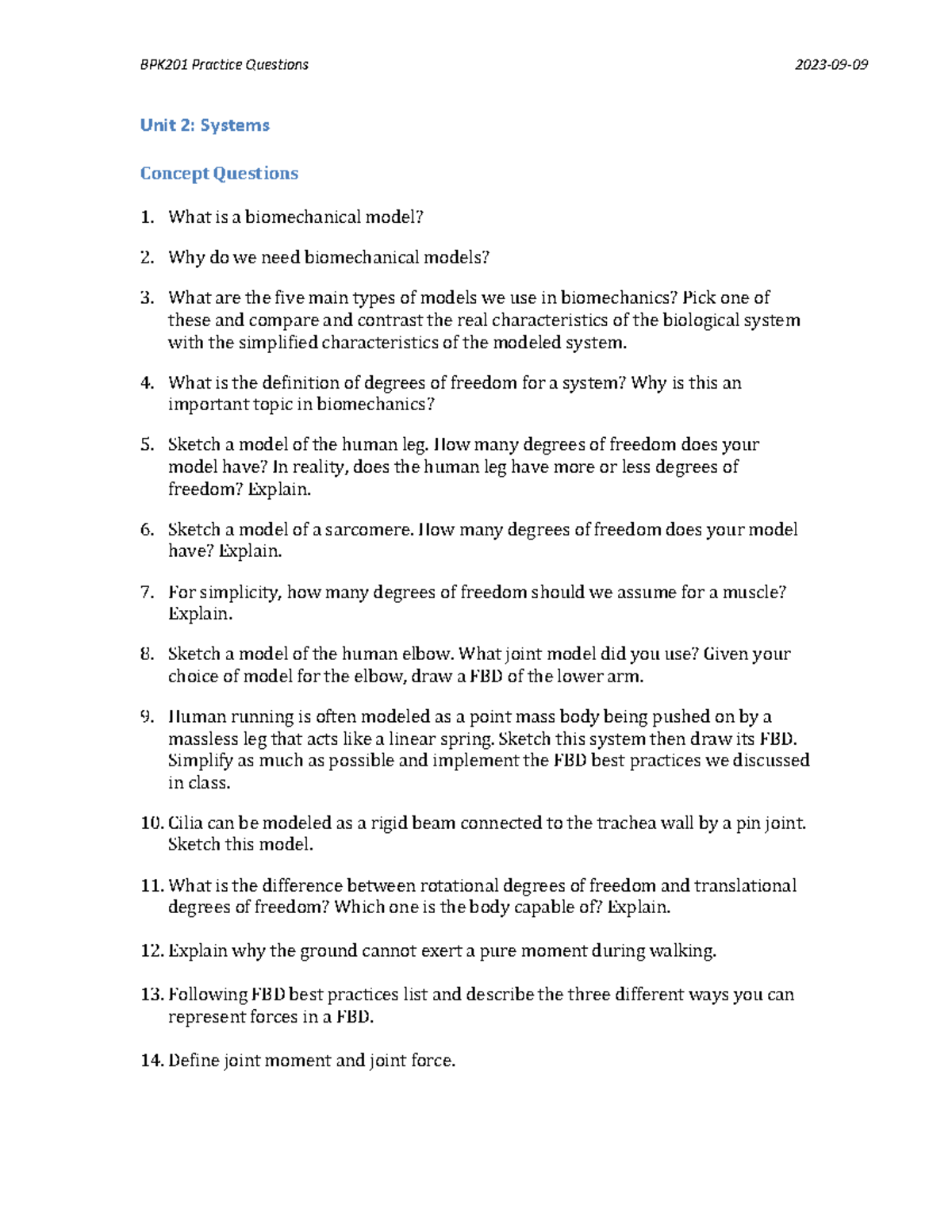 Fall-Practice Questions Unit 2 Systems Concept rev01 - BPK201 Practice Questions 2023 - 09 - 09 ...
