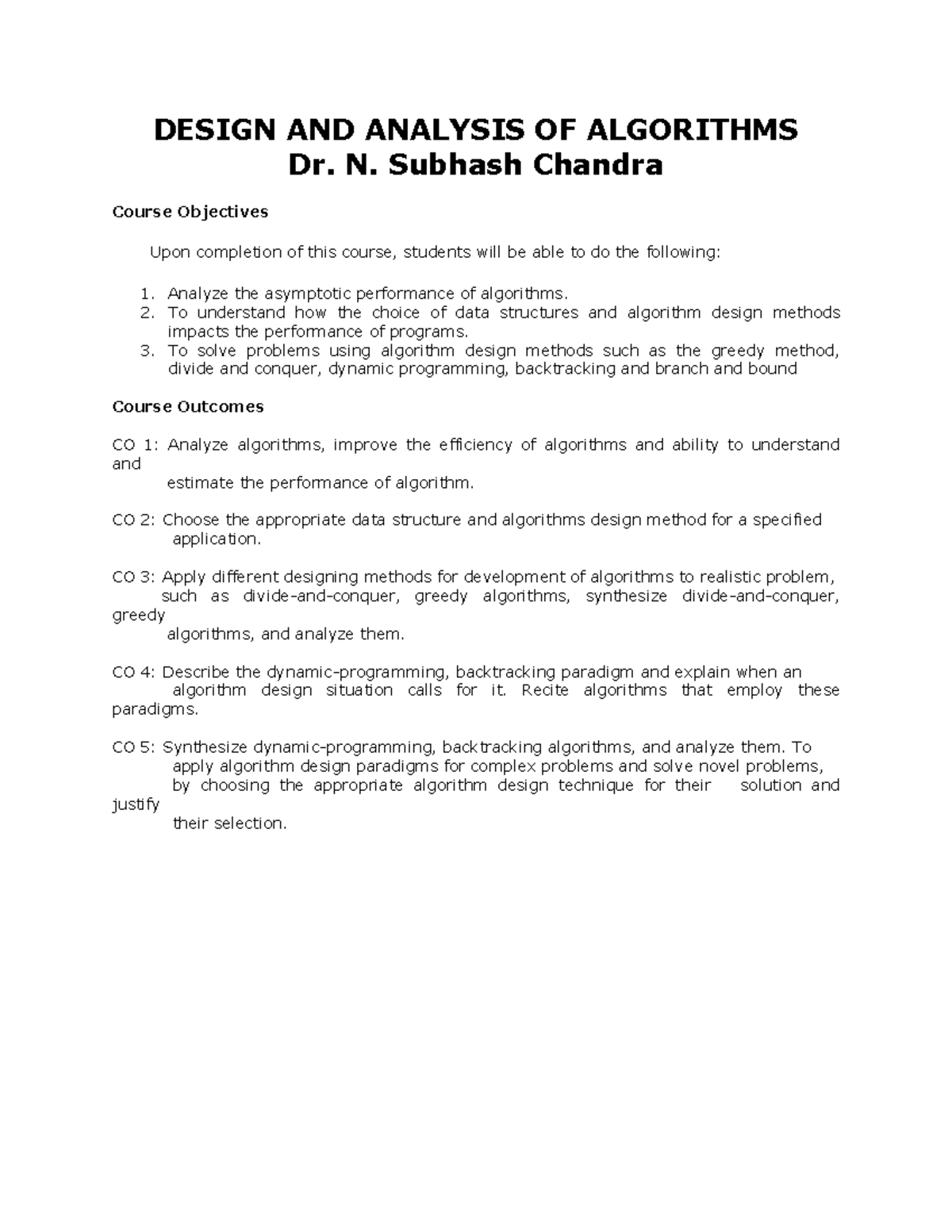 DAA - daa notes - DESIGN AND ANALYSIS OF ALGORITHMS Dr. N. Subhash ...