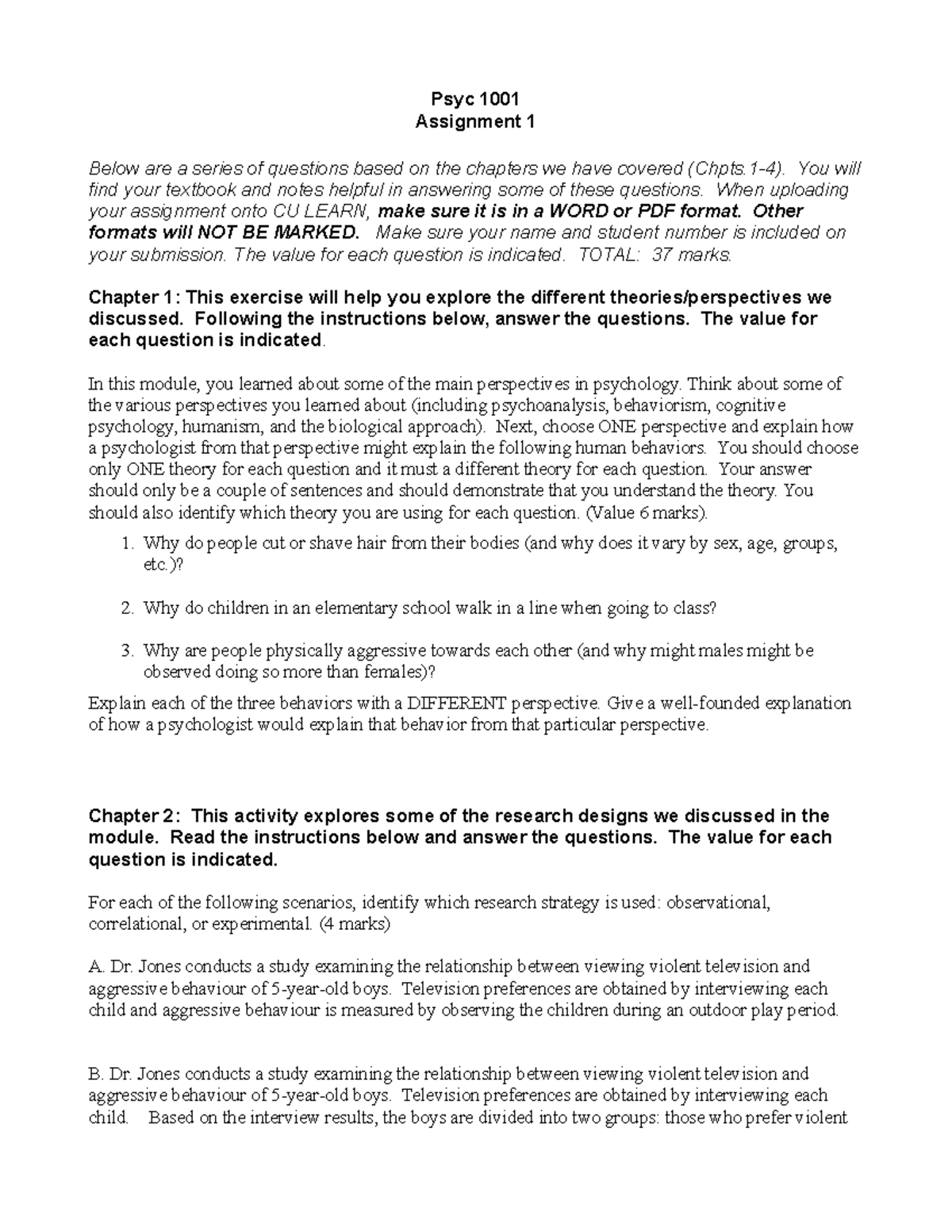 Psyc1001Assignment 1Fall2022 - Psyc 1001 Assignment 1 Below are a series of questions based on ...