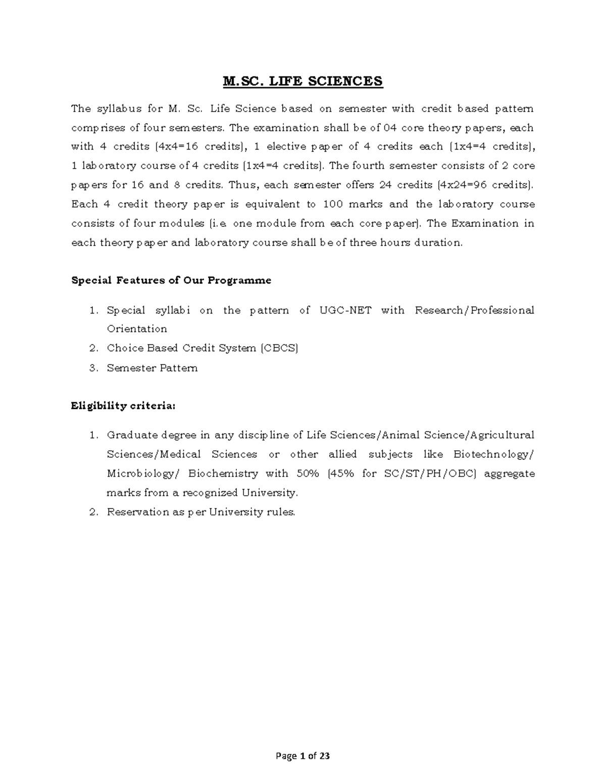 M.Sc. Life sciences - Course curriculum - M. LIFE SCIENCES The syllabus ...