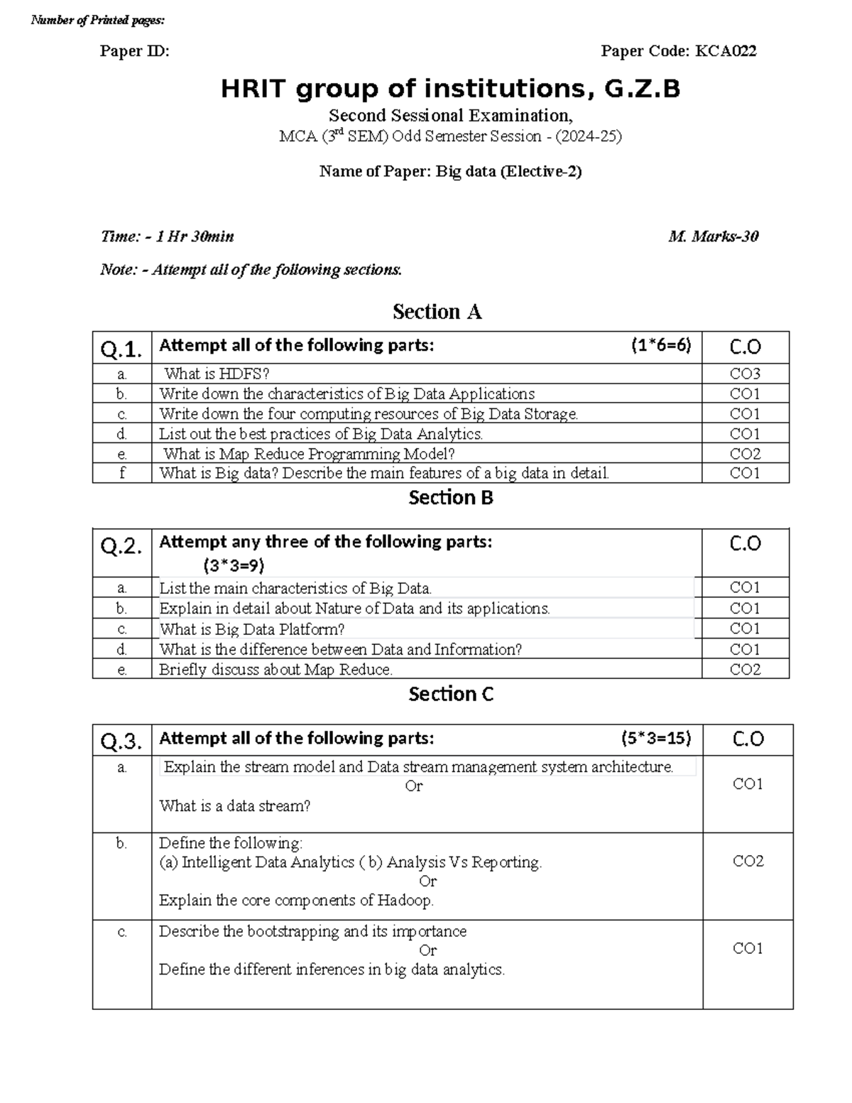 Bigdata 2nd sessional - For lecture - Number of Printed pages: Paper ID ...
