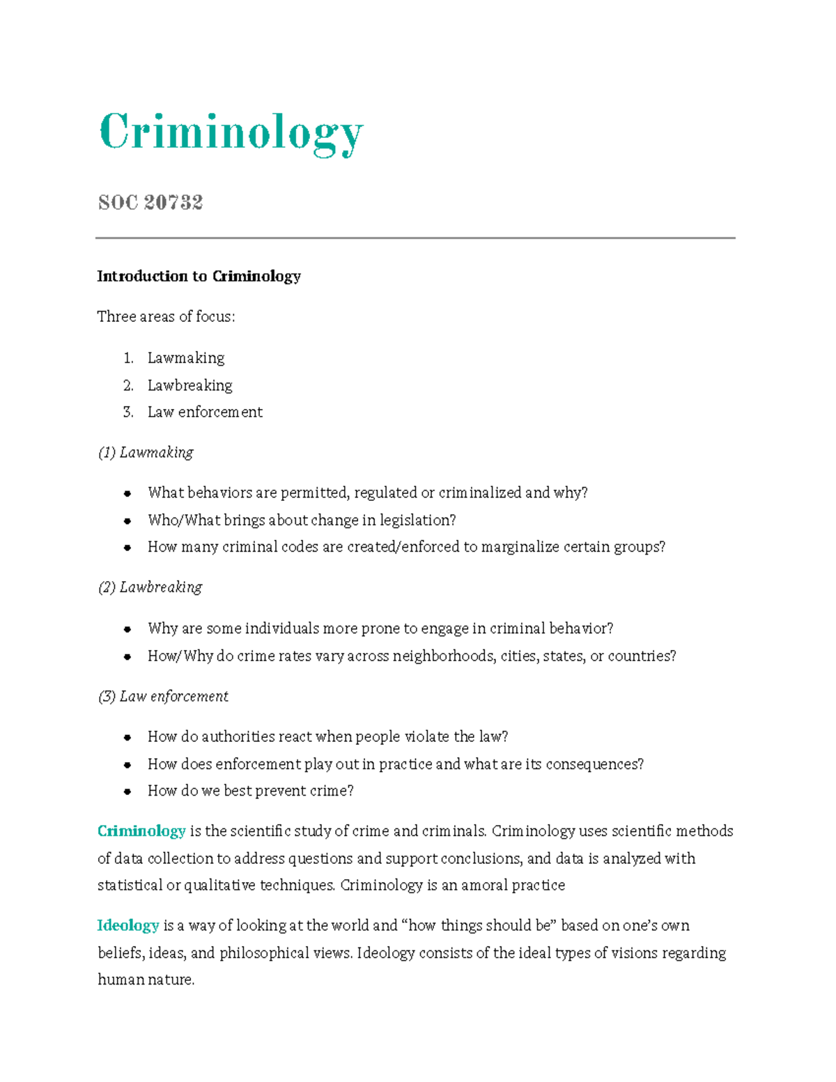 Criminology Notes for Exam 1 - Criminology SOC 20732 Introduction to ...