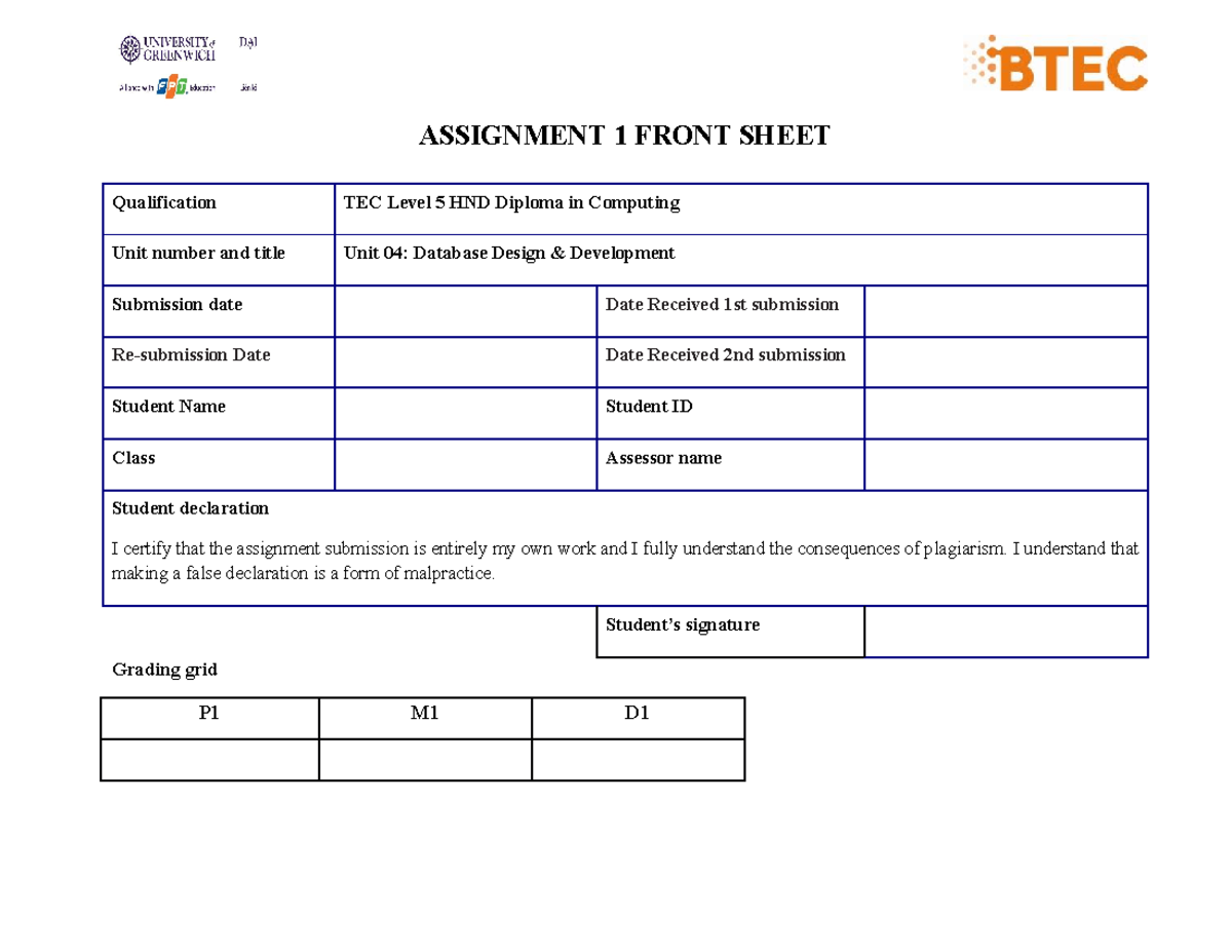 Assignment 1 database - ASSIGNMENT 1 FRONT SHEET Qualification TEC Level 5 HND Diploma in ...