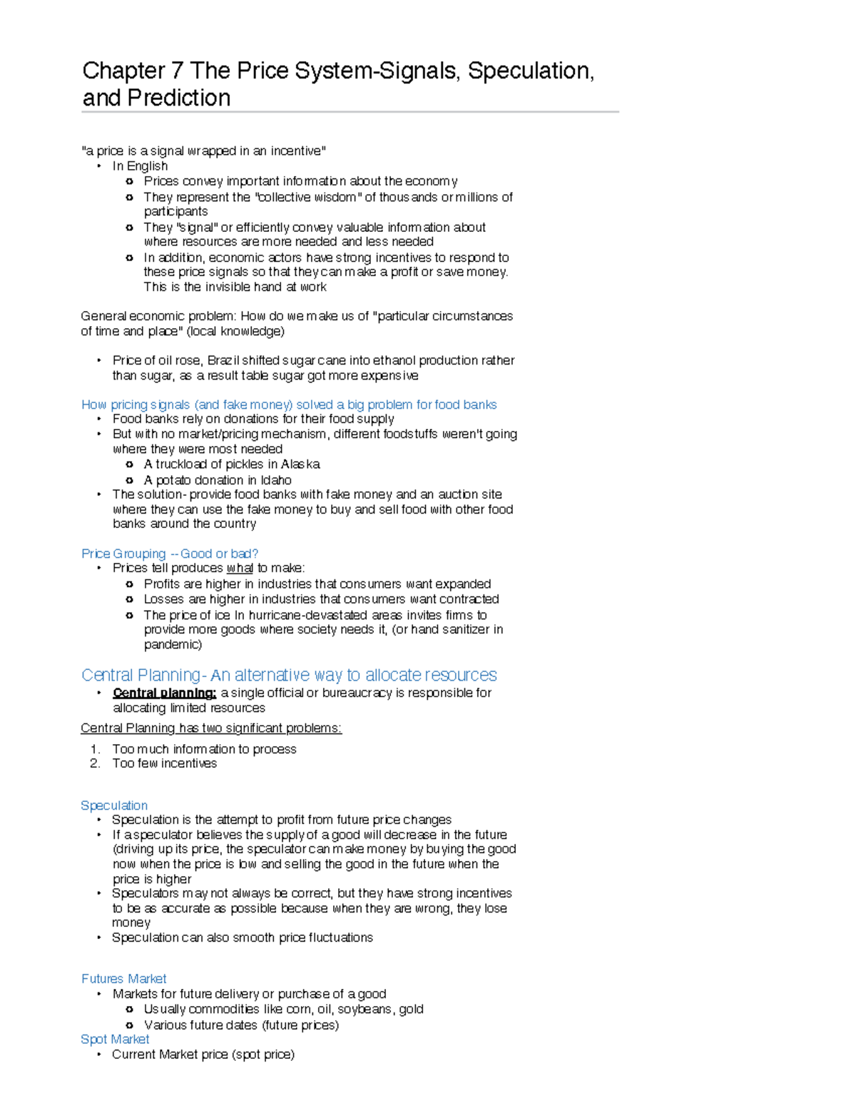 Chapter 7 Notes - Chapter 7 The Price System-Signals, Speculation, and ...
