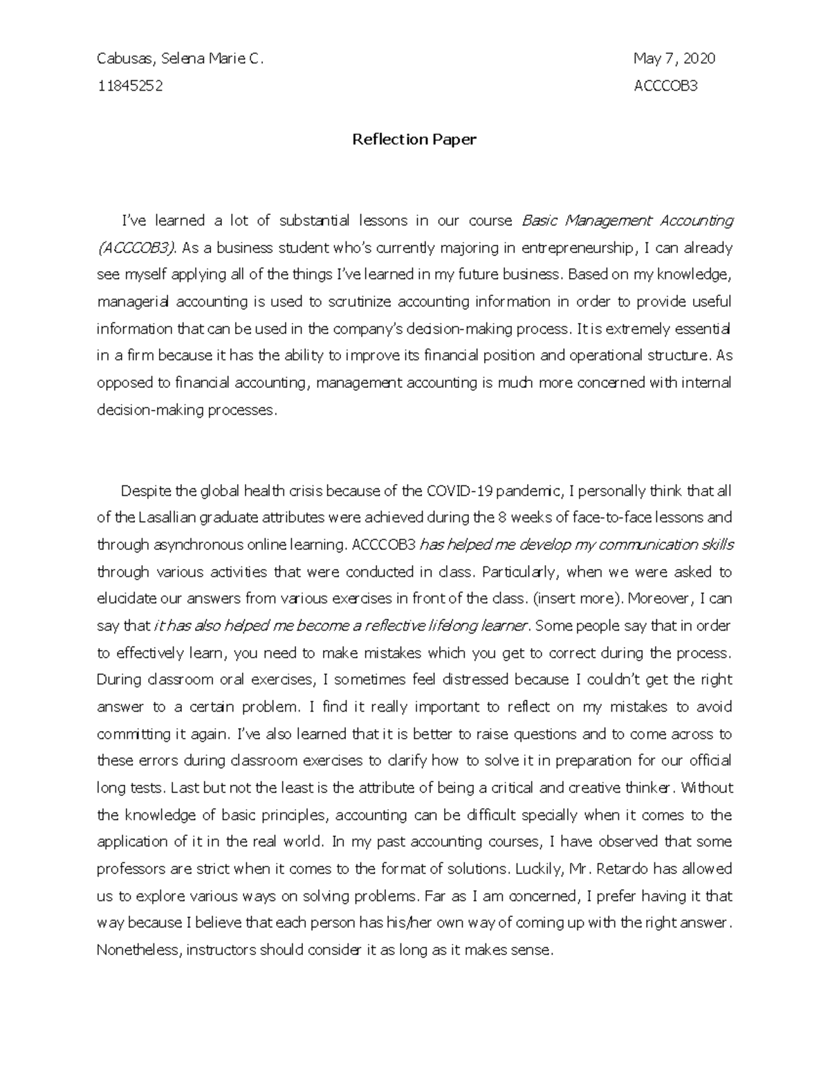 Reflection Paper - Cabusas, Selena Marie C. May 7, 2020 11845252 ACCCOB ...