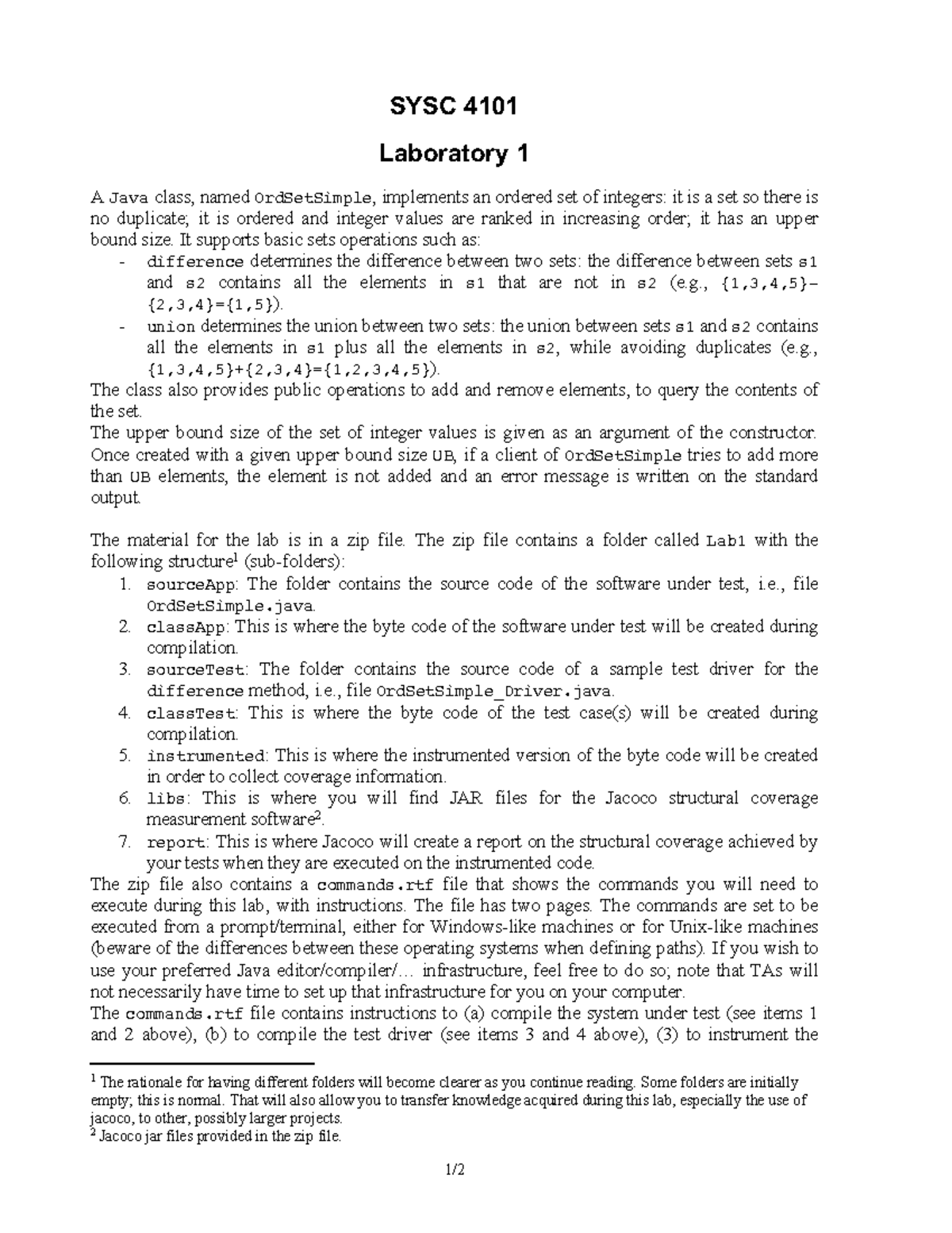 SYSC-4101 Lab1-Instructions - 1 / 2 SYSC 4101 Laboratory 1 A Java class, named OrdSetSimple ...