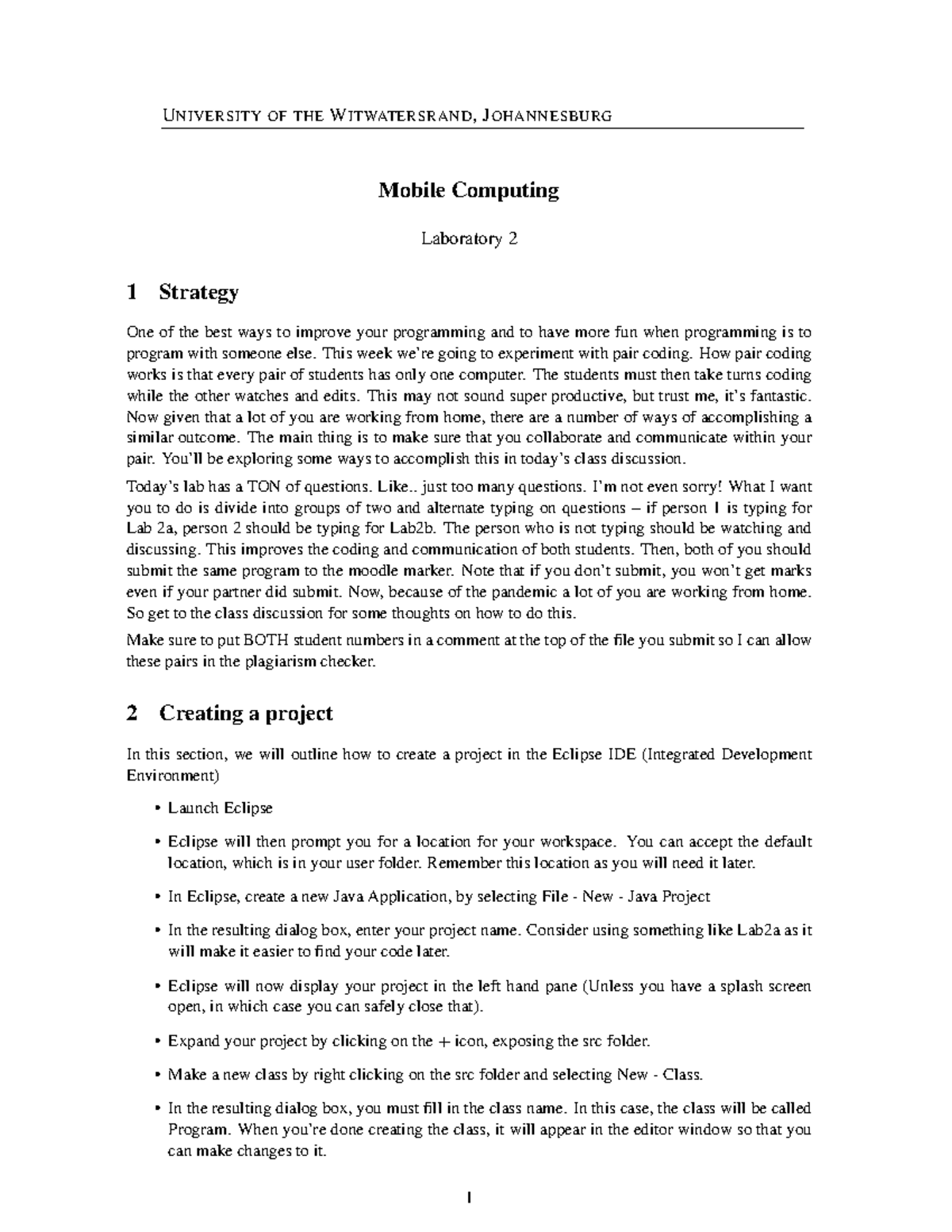 Lab2 - Mobile Computing Java practical - UNIVERSITY OF THEWITWATERSRAND ...