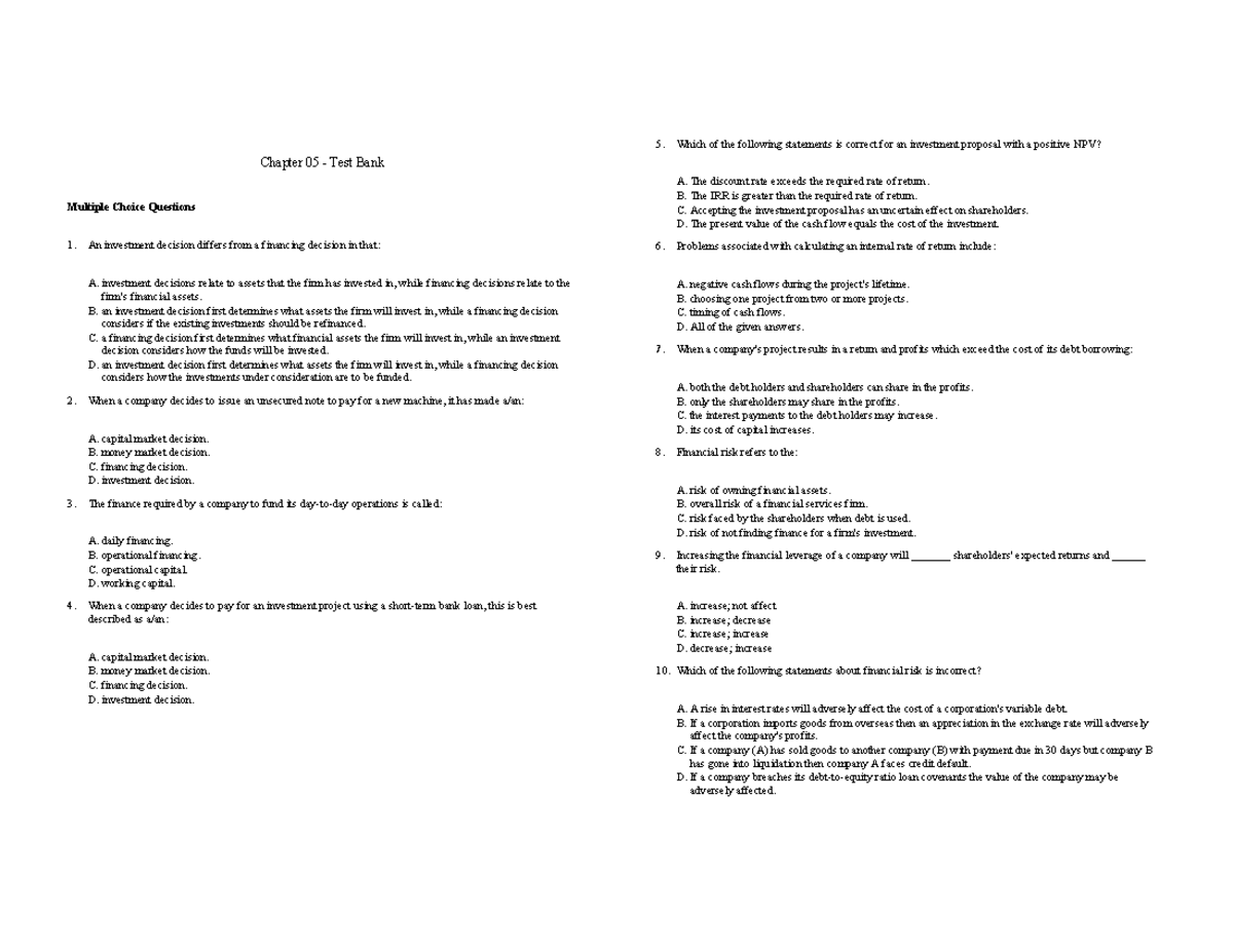 Chapter 05 Test Bank - Chapter 05 - Test Bank Multiple Choice Questions ...