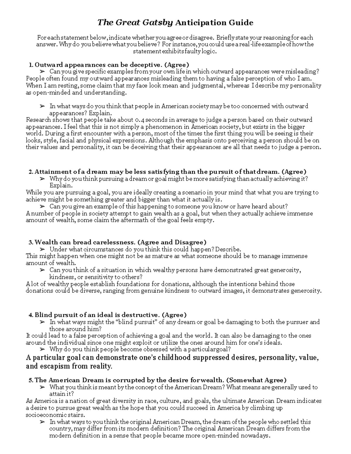 Gatsby Anticipation Guide - Briefly state your reasoning for each ...