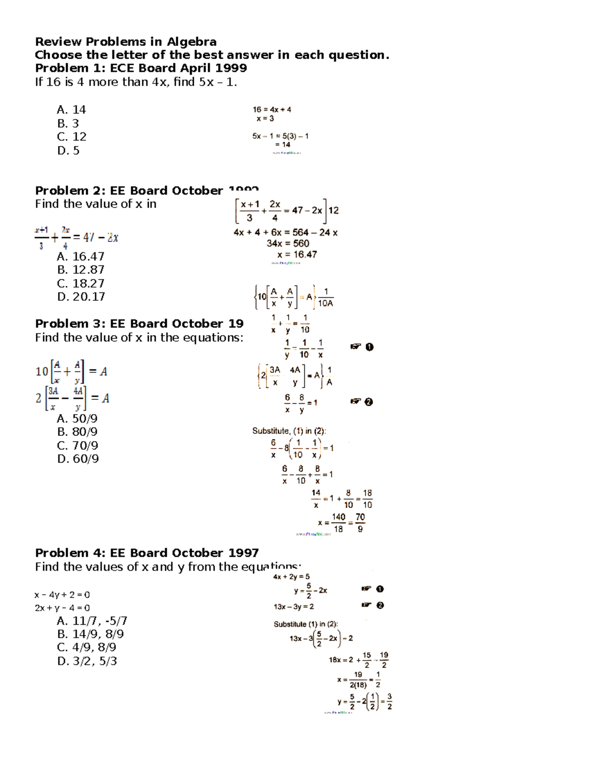 Review questions Algebra with answer - Review Problems in Algebra A. y ...