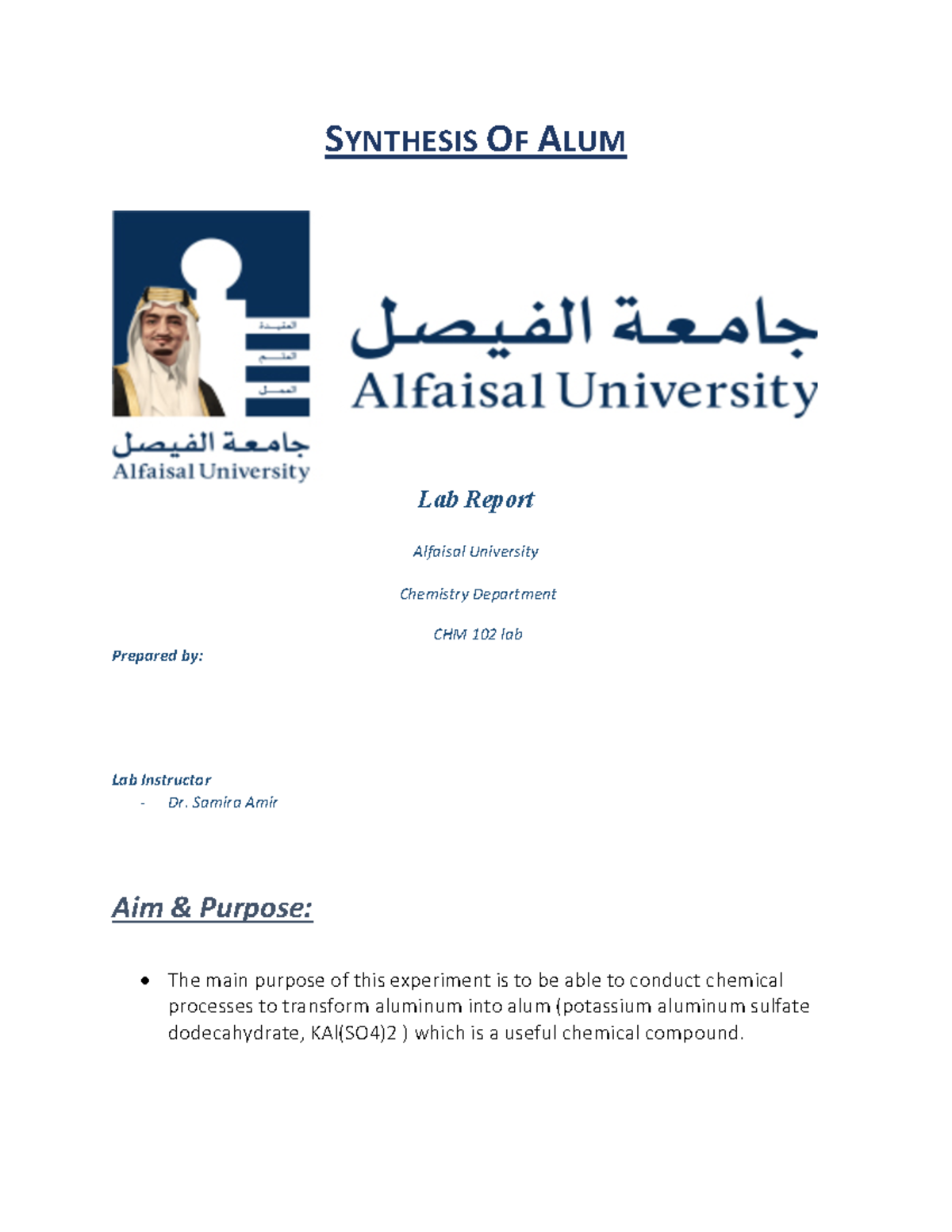 Alum lab - SYNTHESIS OF ALUM Lab Report Alfaisal University Chemistry ...