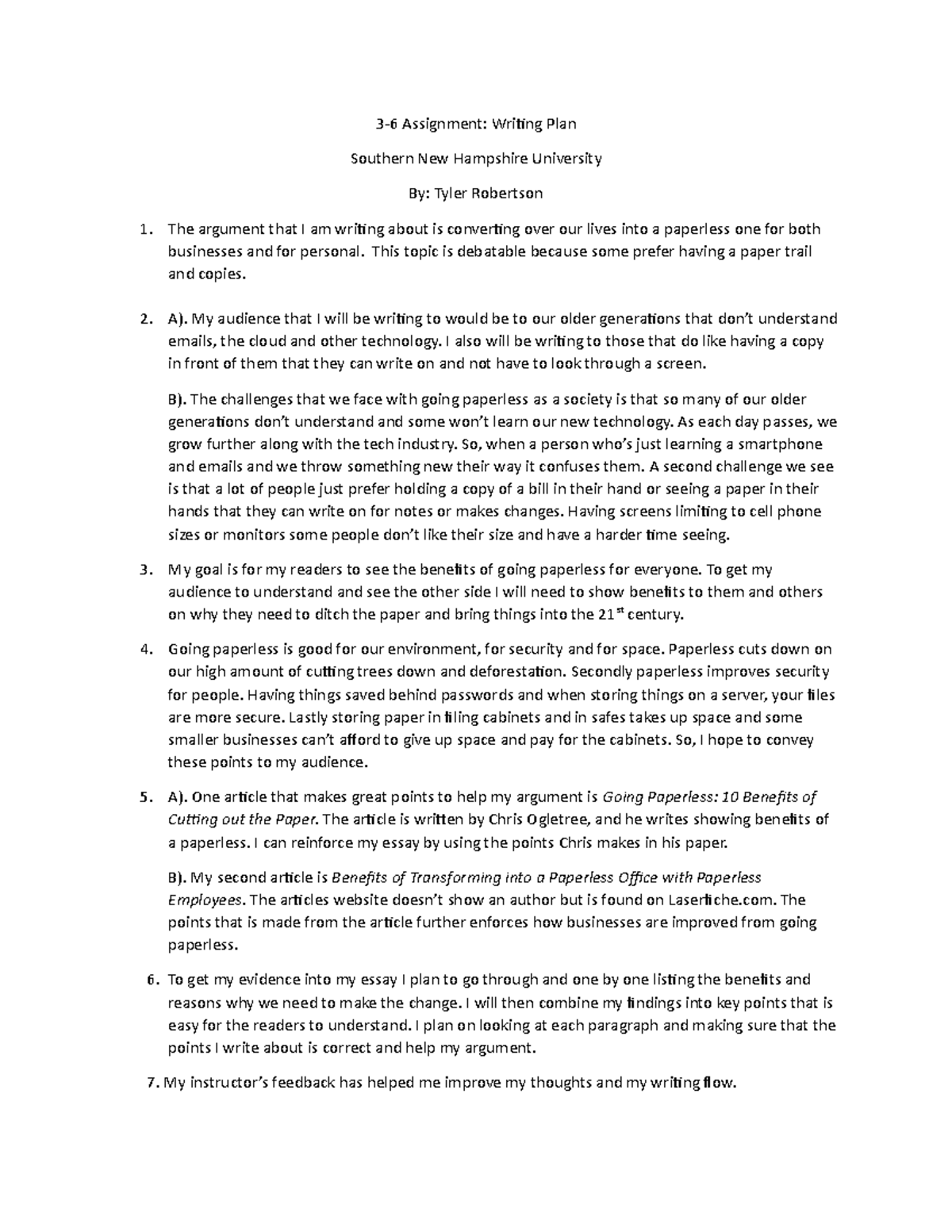 Writing Plan week 3 - 3-6 Assignment: Writing Plan Southern New ...