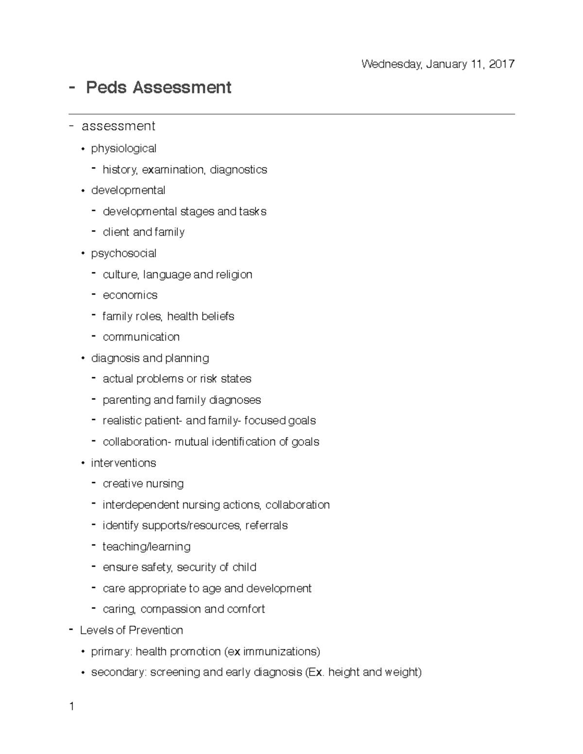 Peds Assessment Notes - Prof Walsh - Wednesday, January 11, 2017 Peds ...
