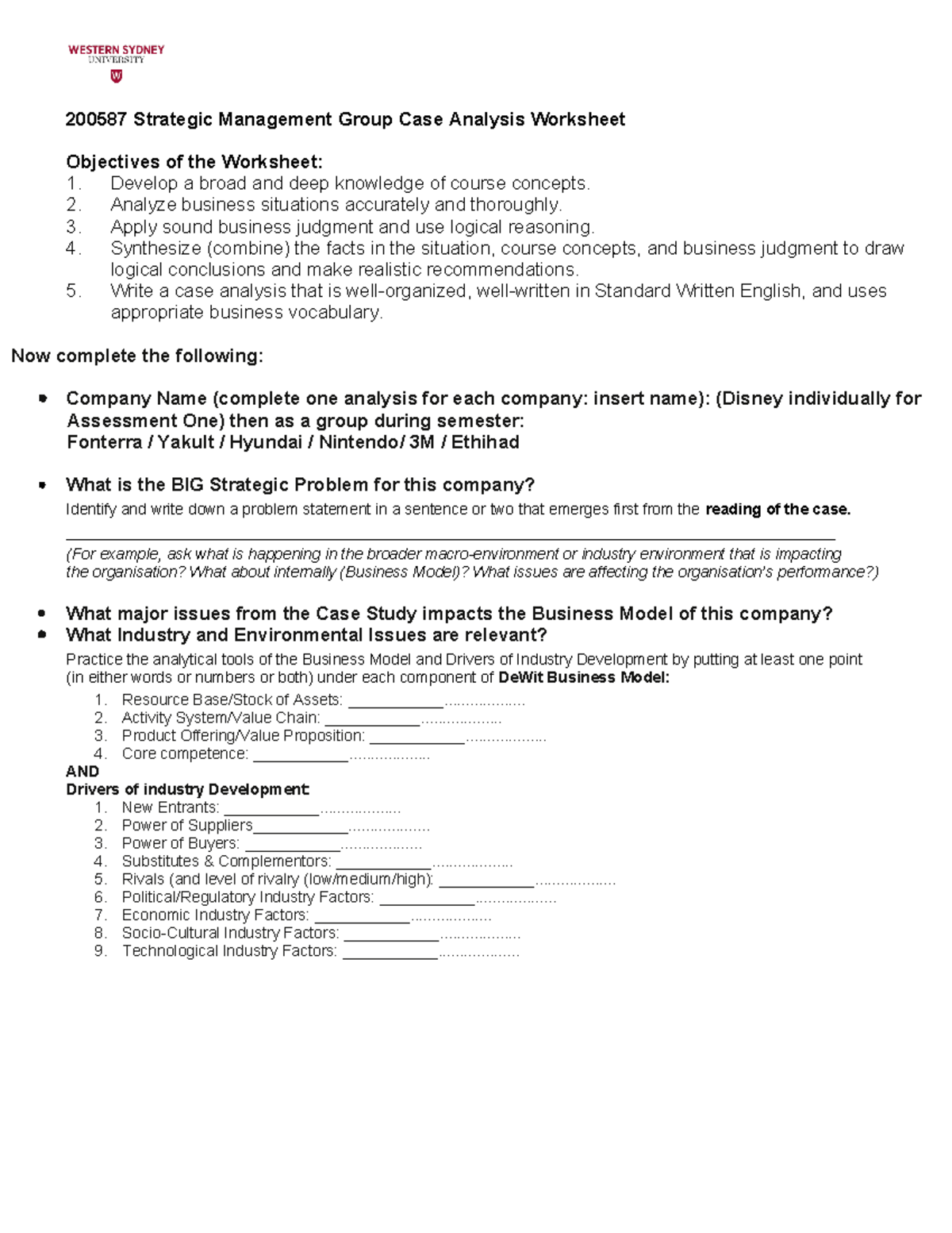 2020 Final 2005 87 Case Analysis sheet - 200587 Strategic Management ...