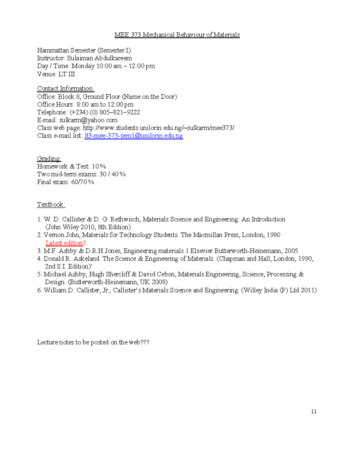 MEE 373 Lec 1 - Lecture material for mee 373 - MEE 373 Mechanical ...