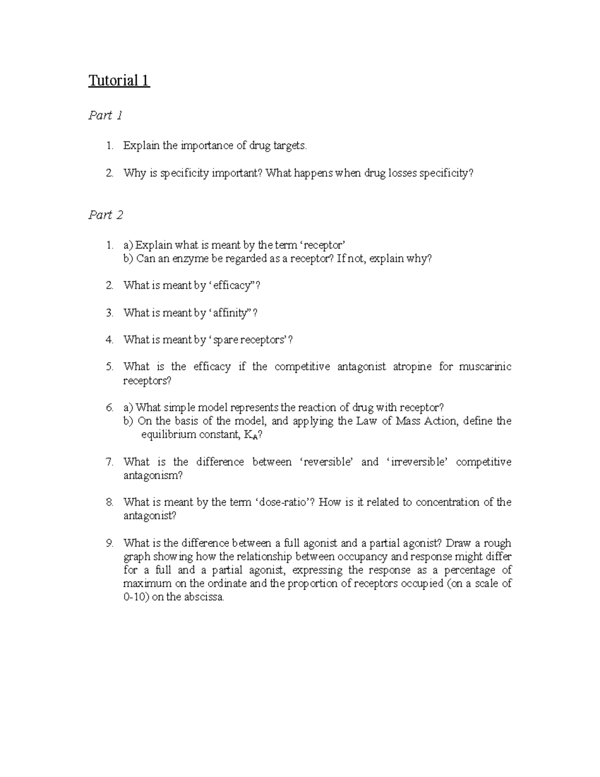 Tutorial work - principles of pharmacology - tutorial 1 - Tutorial 1 ...