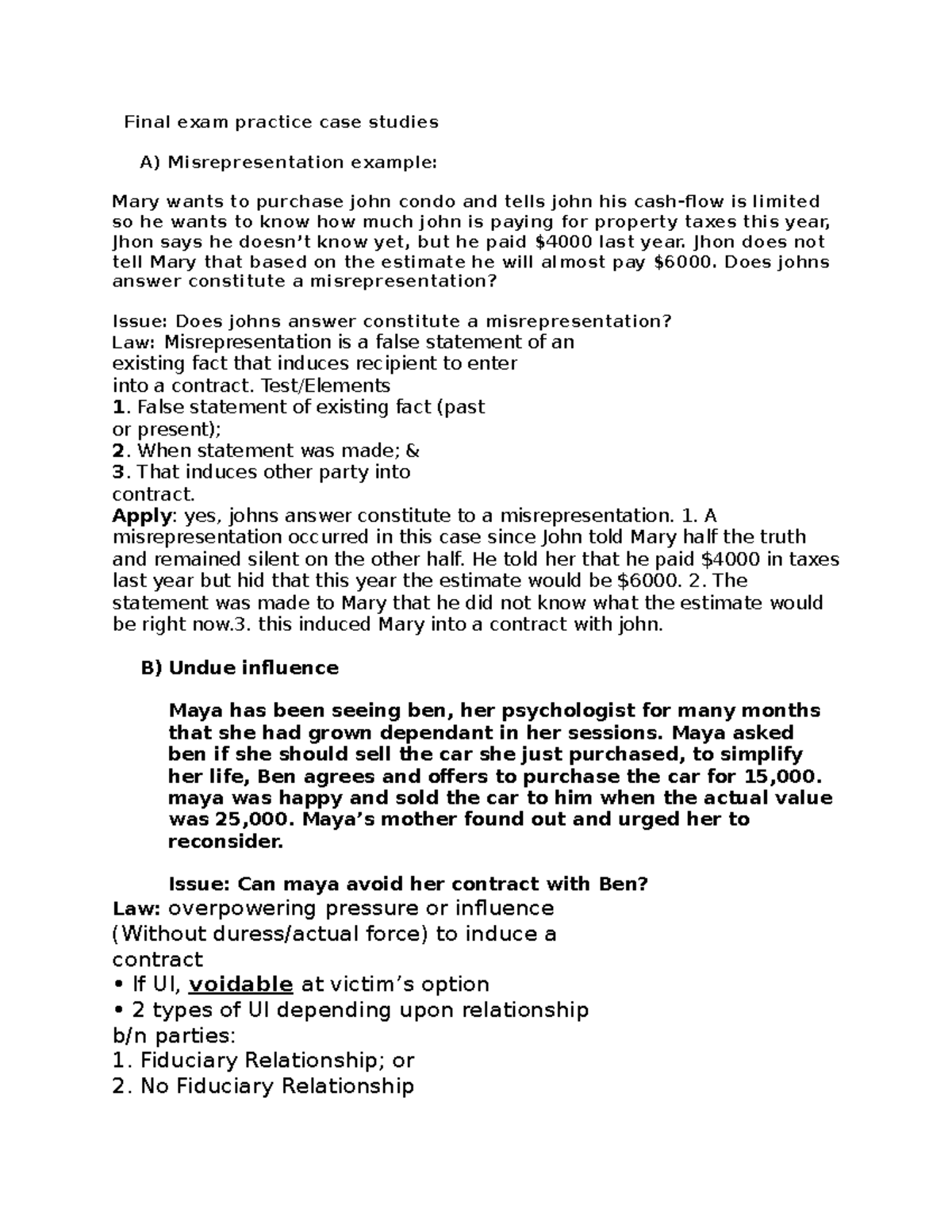 Law 122 Final Practice cases - Final exam practice case studies A ...