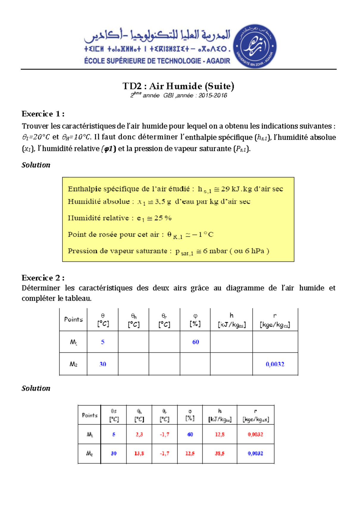 Corrigé TD2-Air Humide 2020-2021 - TD2 : Air Humide (Suite) 2 ème année ...