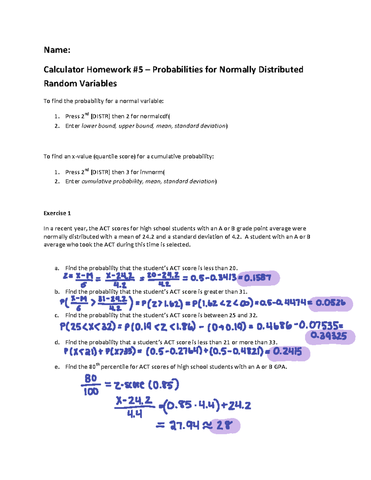 Homework - Probabilities for Normally Distributed - Name: Calculator Homework #5 – Probabilities ...