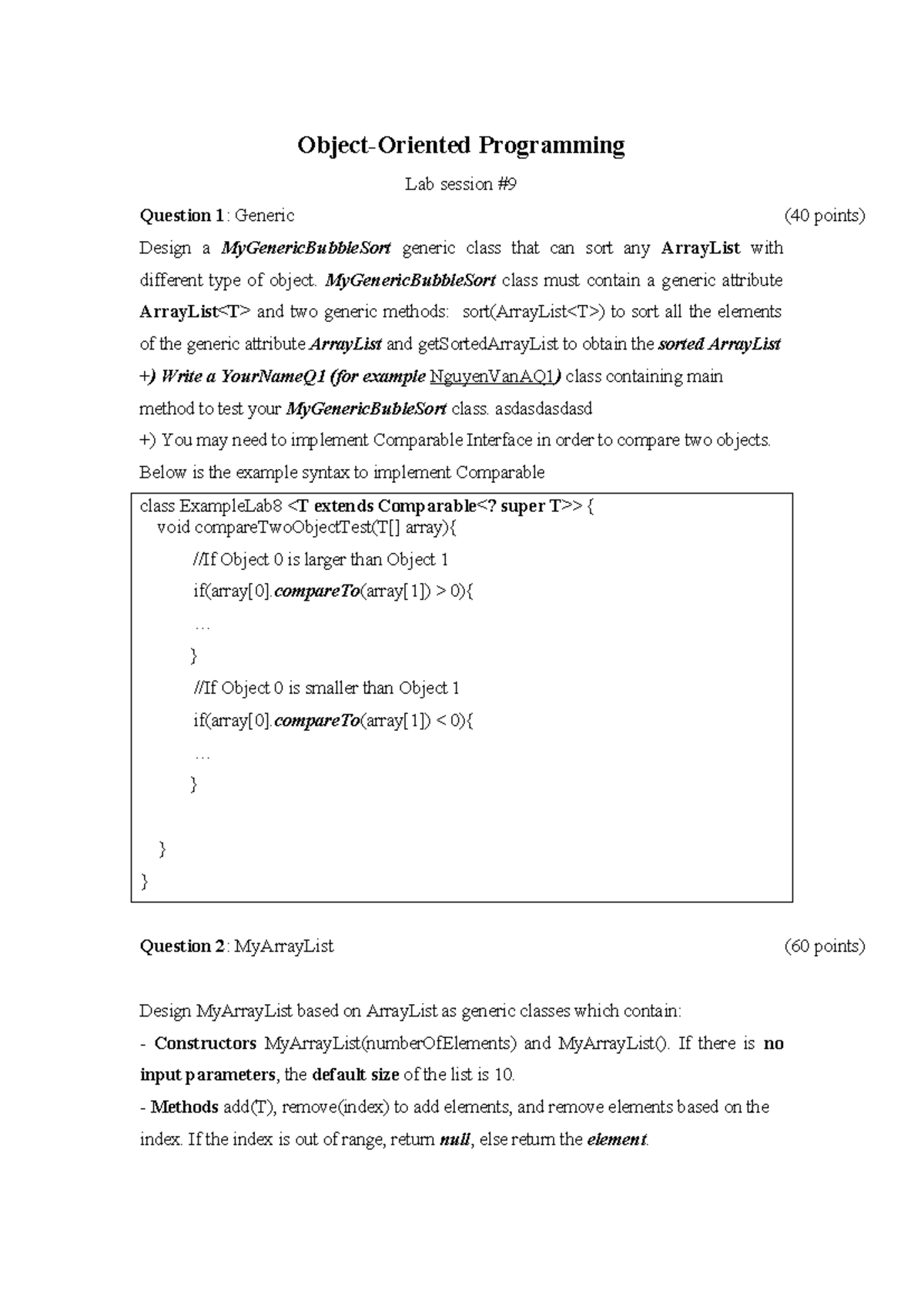 OOP Lab9 - asd - Object-Oriented Programming Lab session # Question 1 : Generic (40 points ...