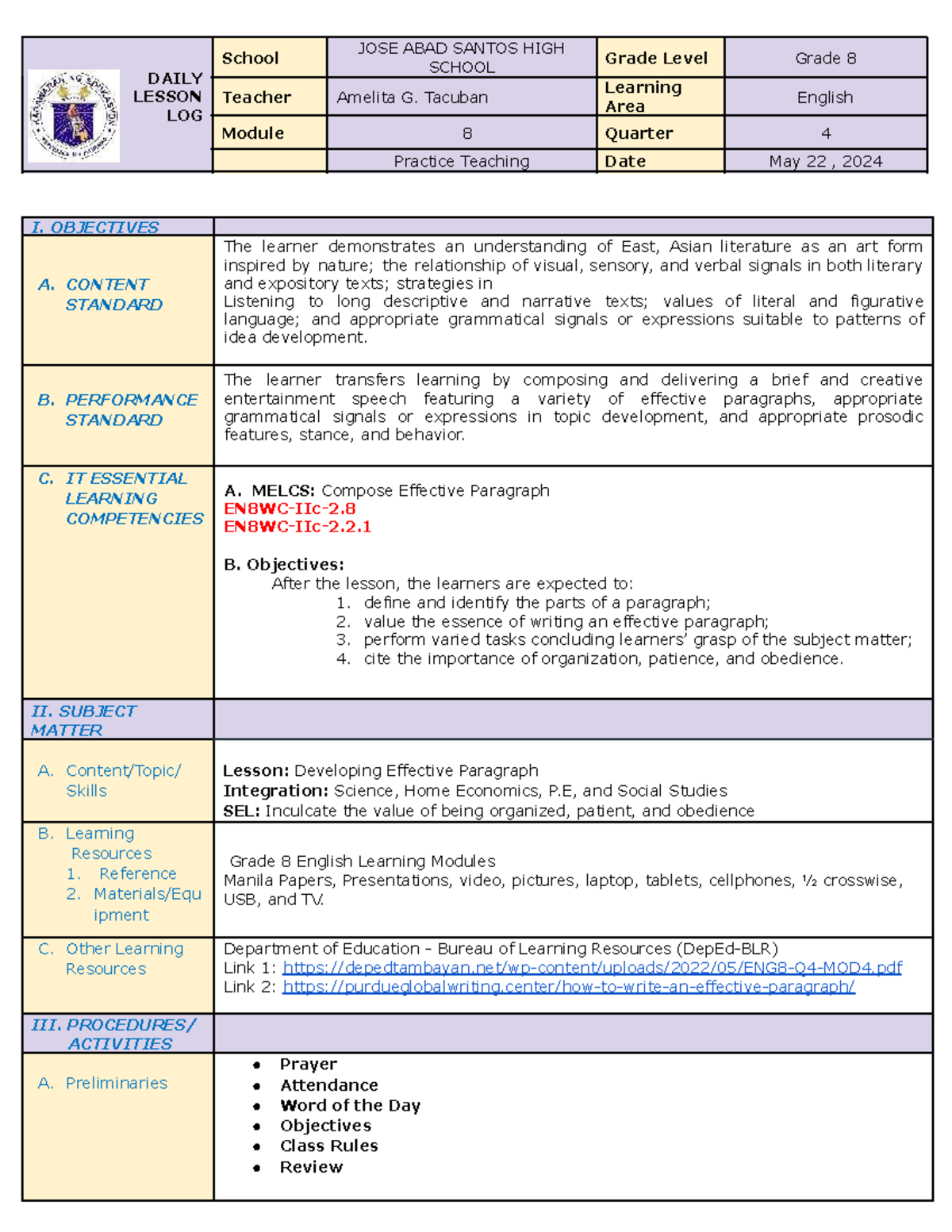 {Final Demo} Semi Detailed LP Tacuban. - I. OBJECTIVES A. CONTENT STANDARD The learner ...