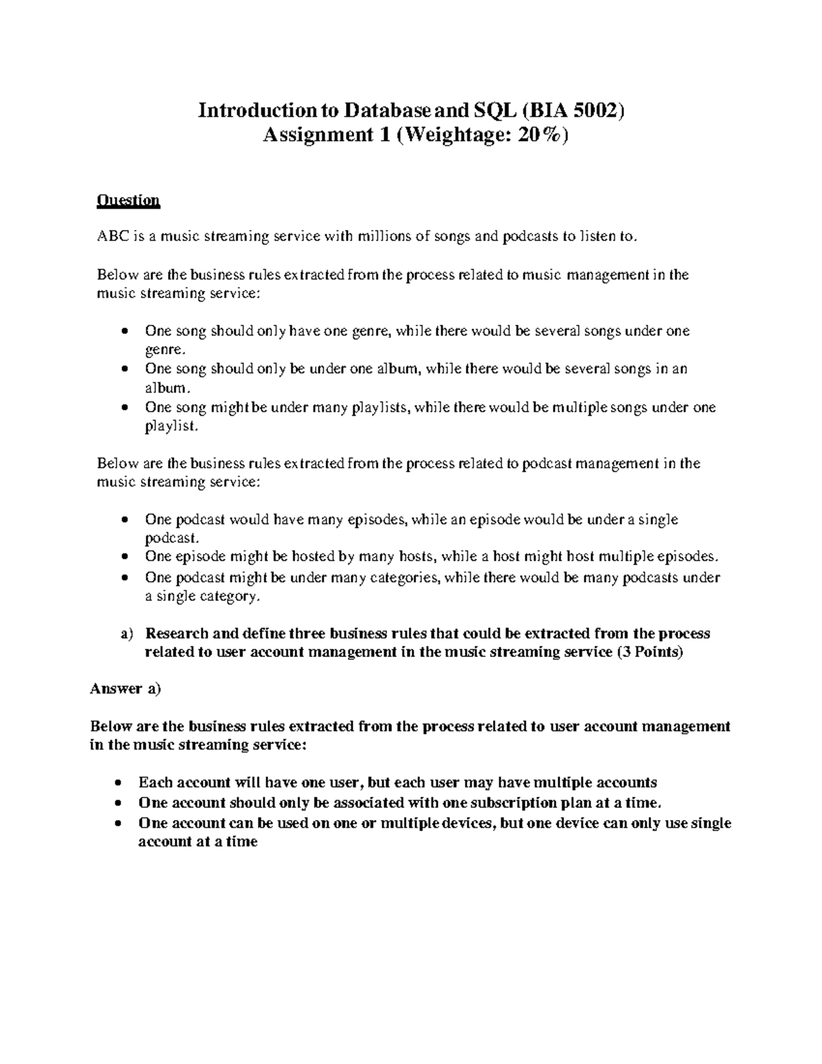 Assignment 1 SQL - Introduction to Database and SQL (BIA 5002) Assignment 1 (Weightage: 20% ...