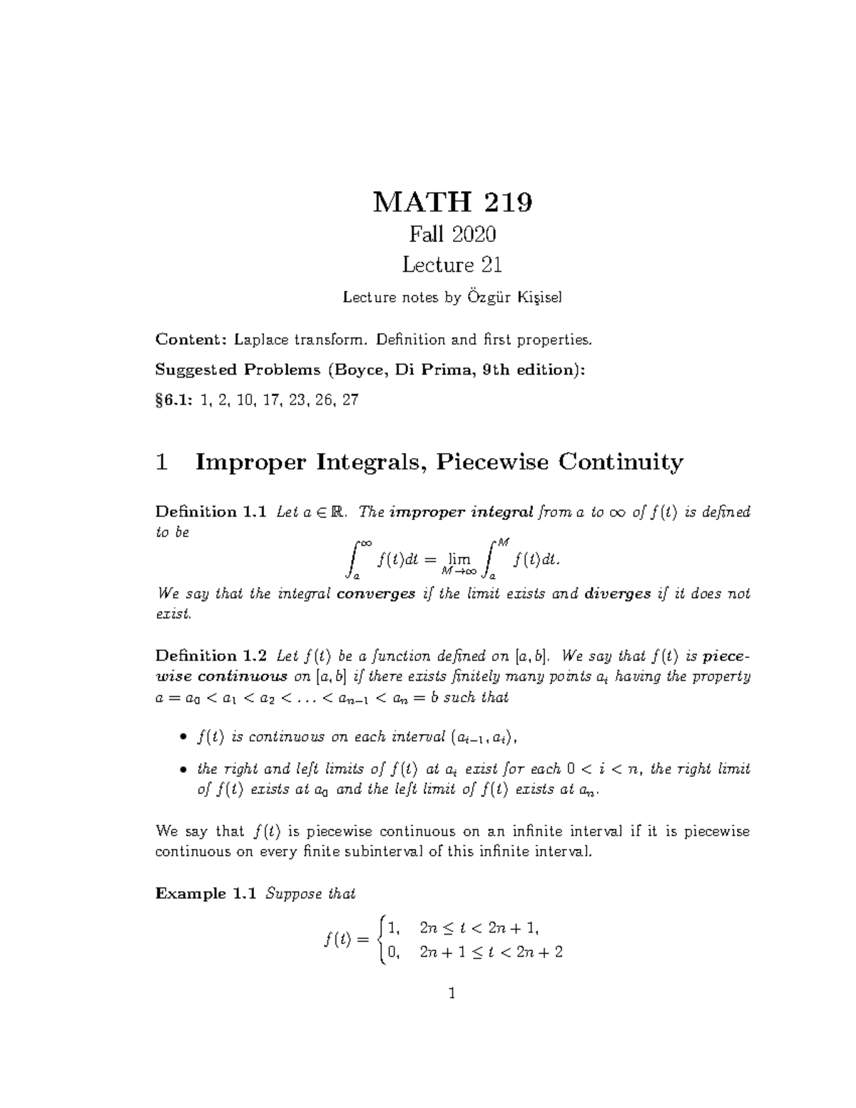 MATH219 Lecture 21 - MATH 219 Fall 2020 Lecture 21 Lecture notes by ̈ ...