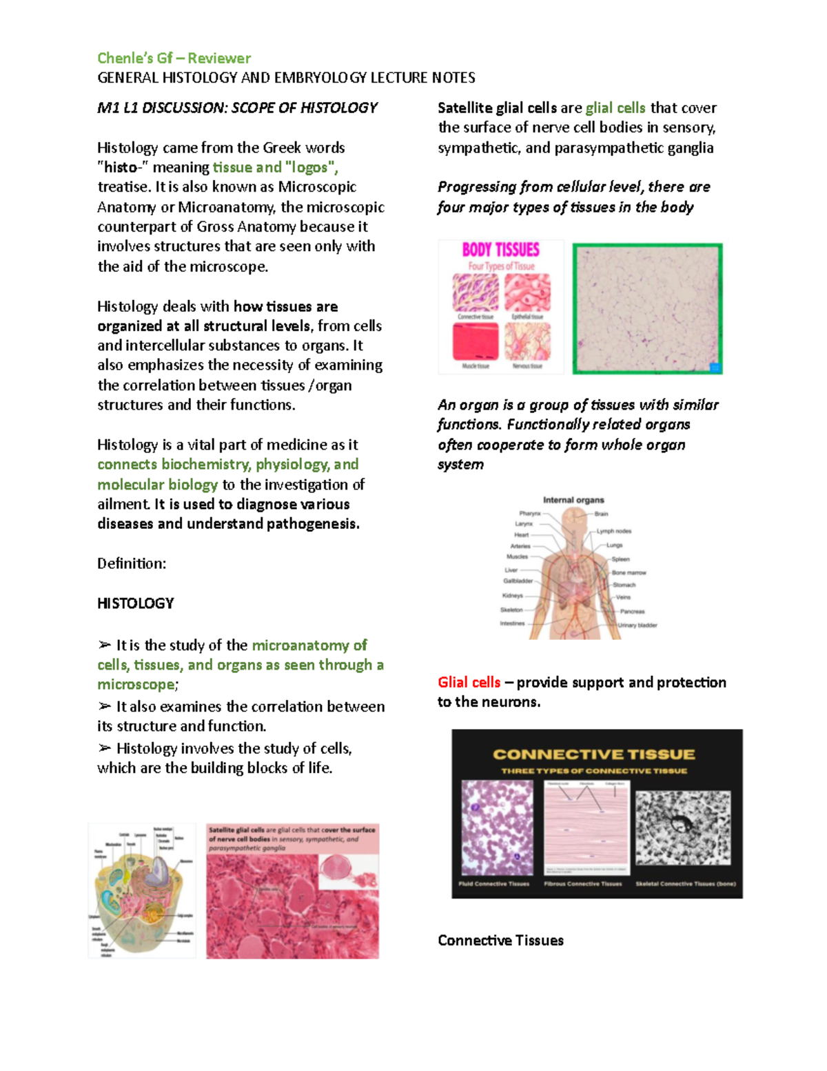 Histolec - Reviewer - GENERAL HISTOLOGY AND EMBRYOLOGY LECTURE NOTES M1 ...