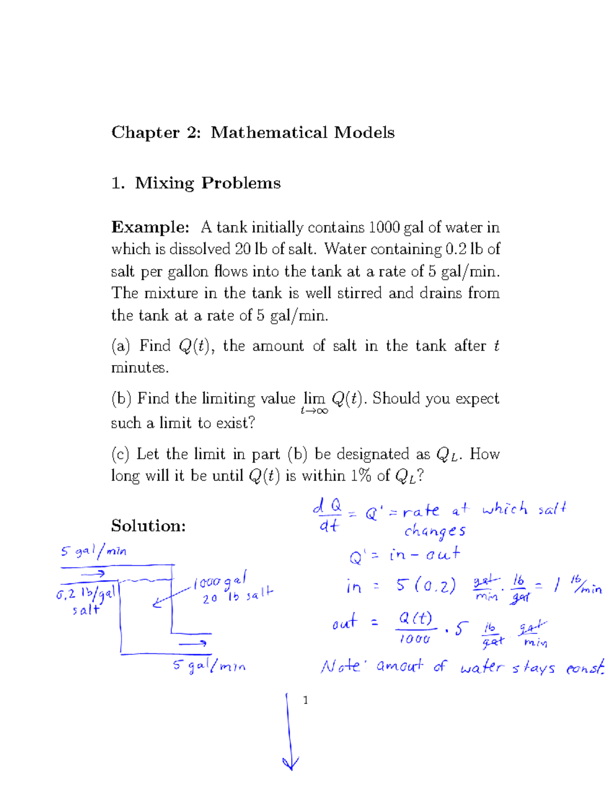 Notes Chap 2-3 - Chapter 2: Mathematical Models 1. Mixing Problems ...