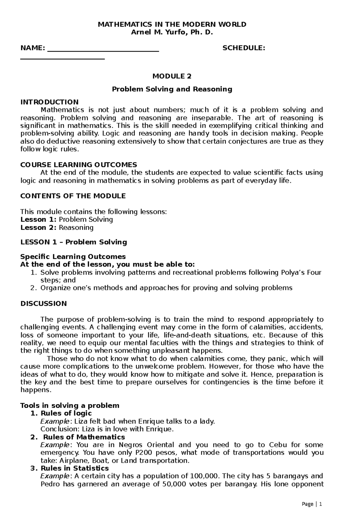 GE 4 Module 2 - Problem Solving and Reasoning - MATHEMATICS IN THE ...