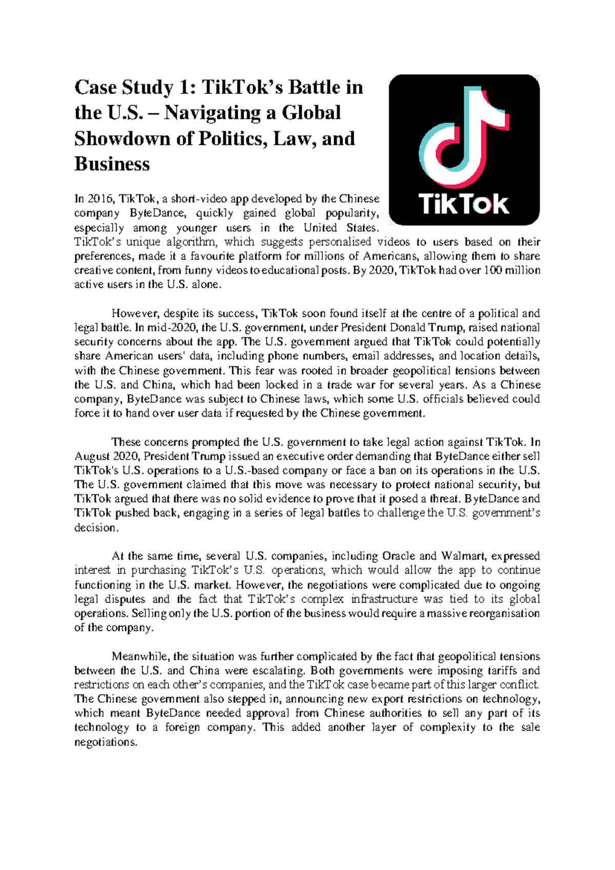 [IB] Case Study Exercise 1 - Case Study 1 : TikTok’s Battle in the U ...