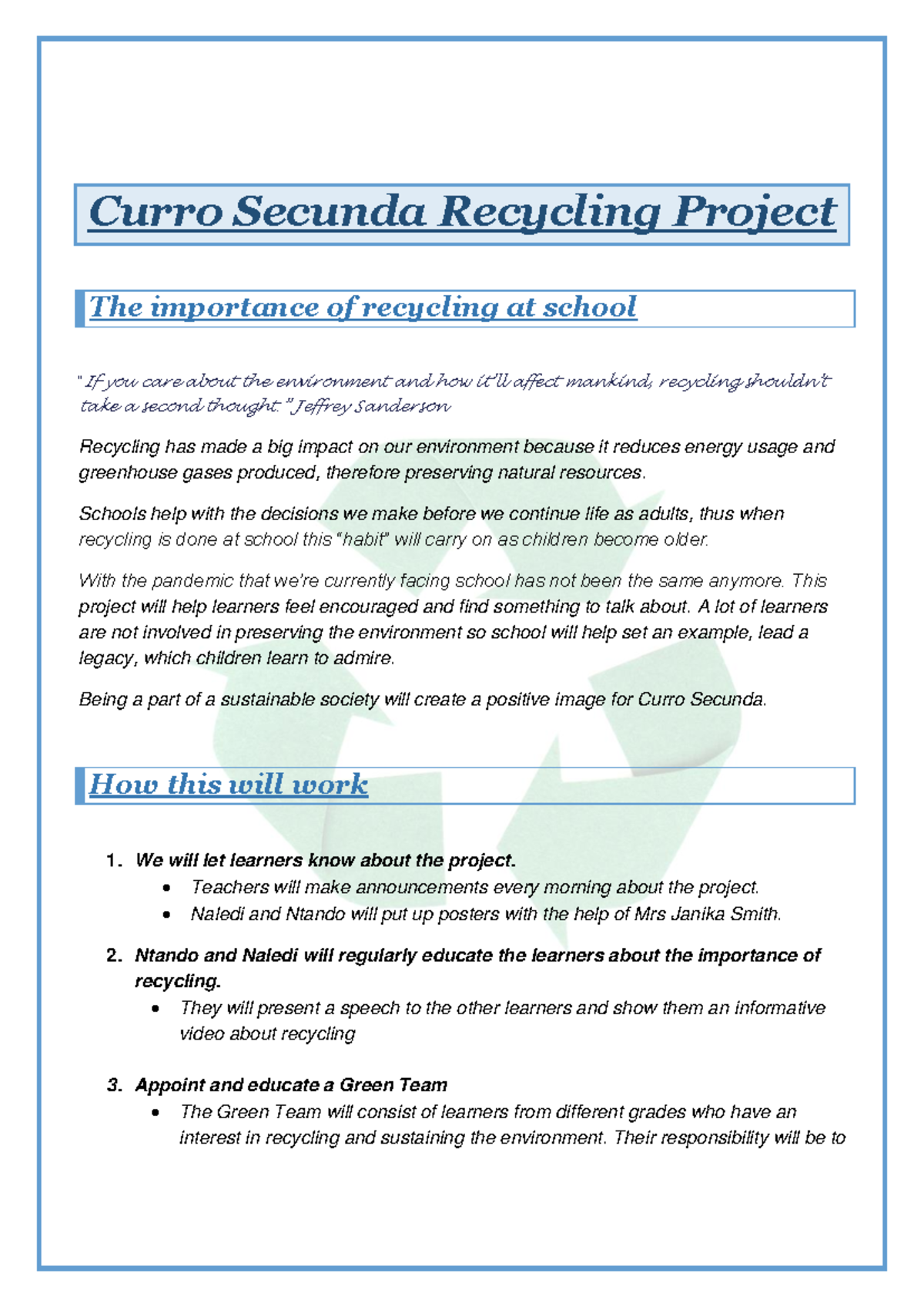Sponsorship Proposal ( Final) - Curro Secunda Recycling Project The ...