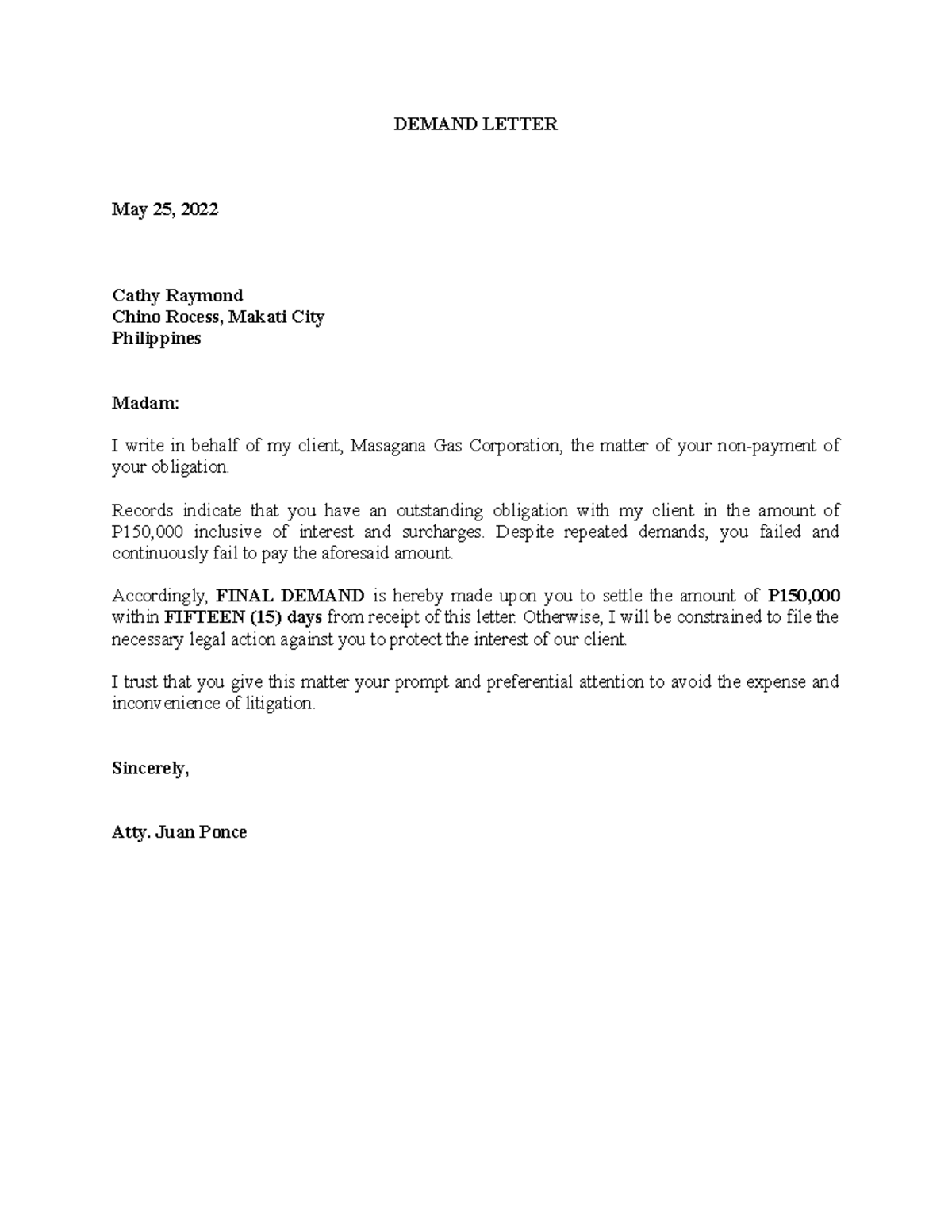 Demand Letter - Personal - DEMAND LETTER May 25, 2022 Cathy Raymond ...