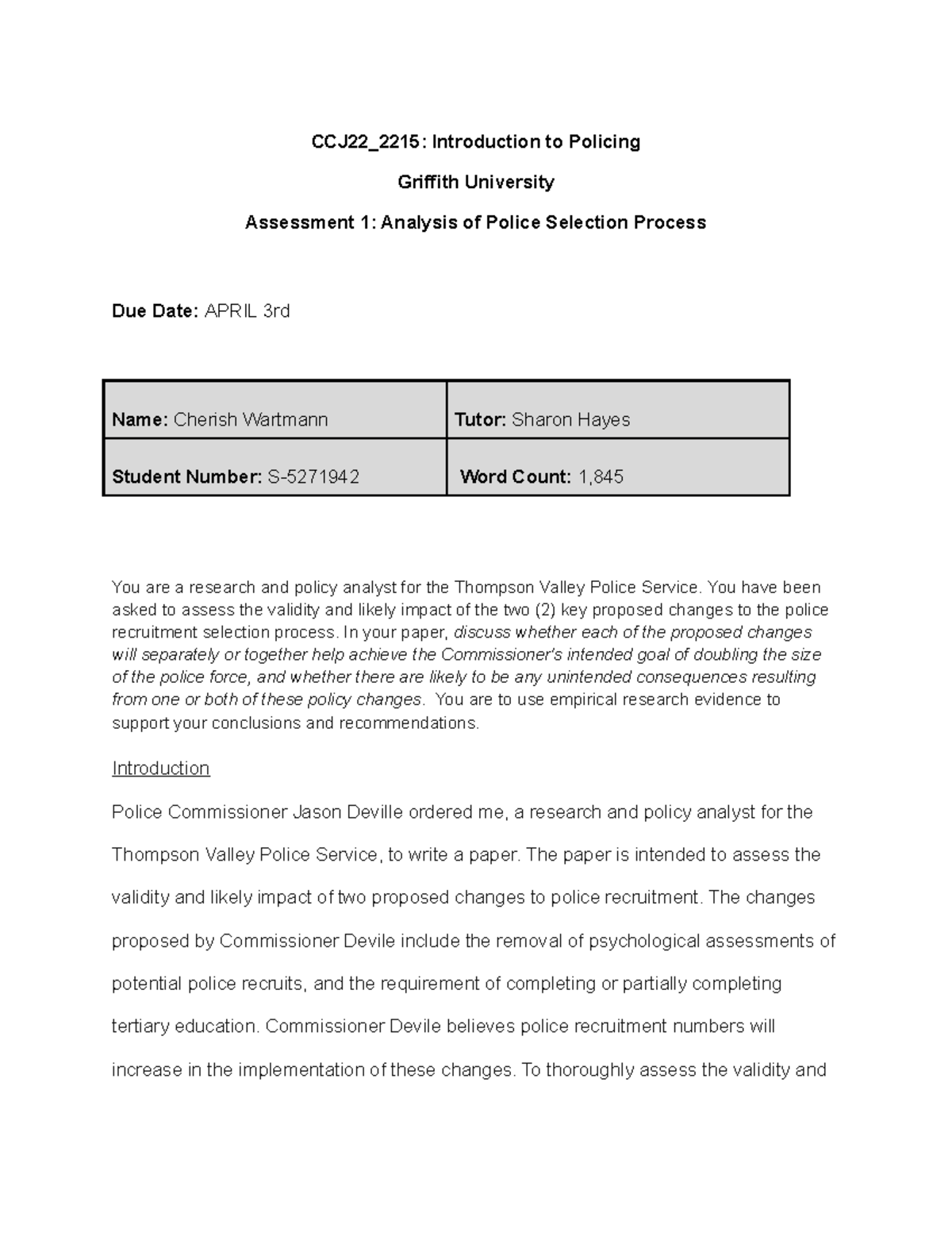 Intro to Policing Assessment 1 Analysis of Police Selection Process ...