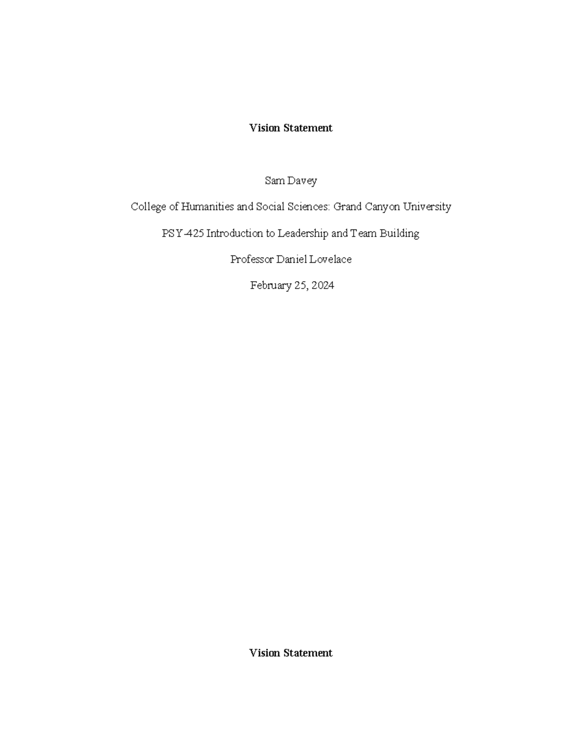 Document 2 Lecture notes - Vision Statement Sam Davey College of ...