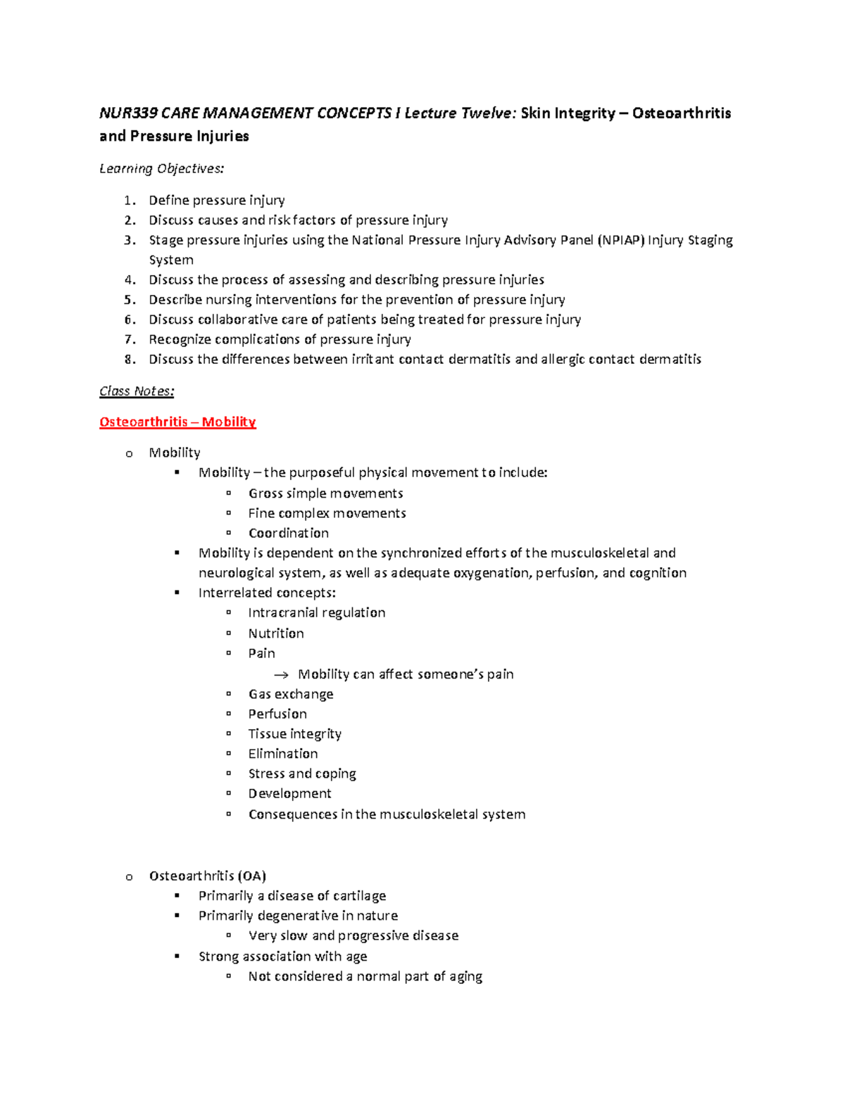 NUR 339 Lecture 12 (Skin Integrity - Osteoarthrits and Pressure ...