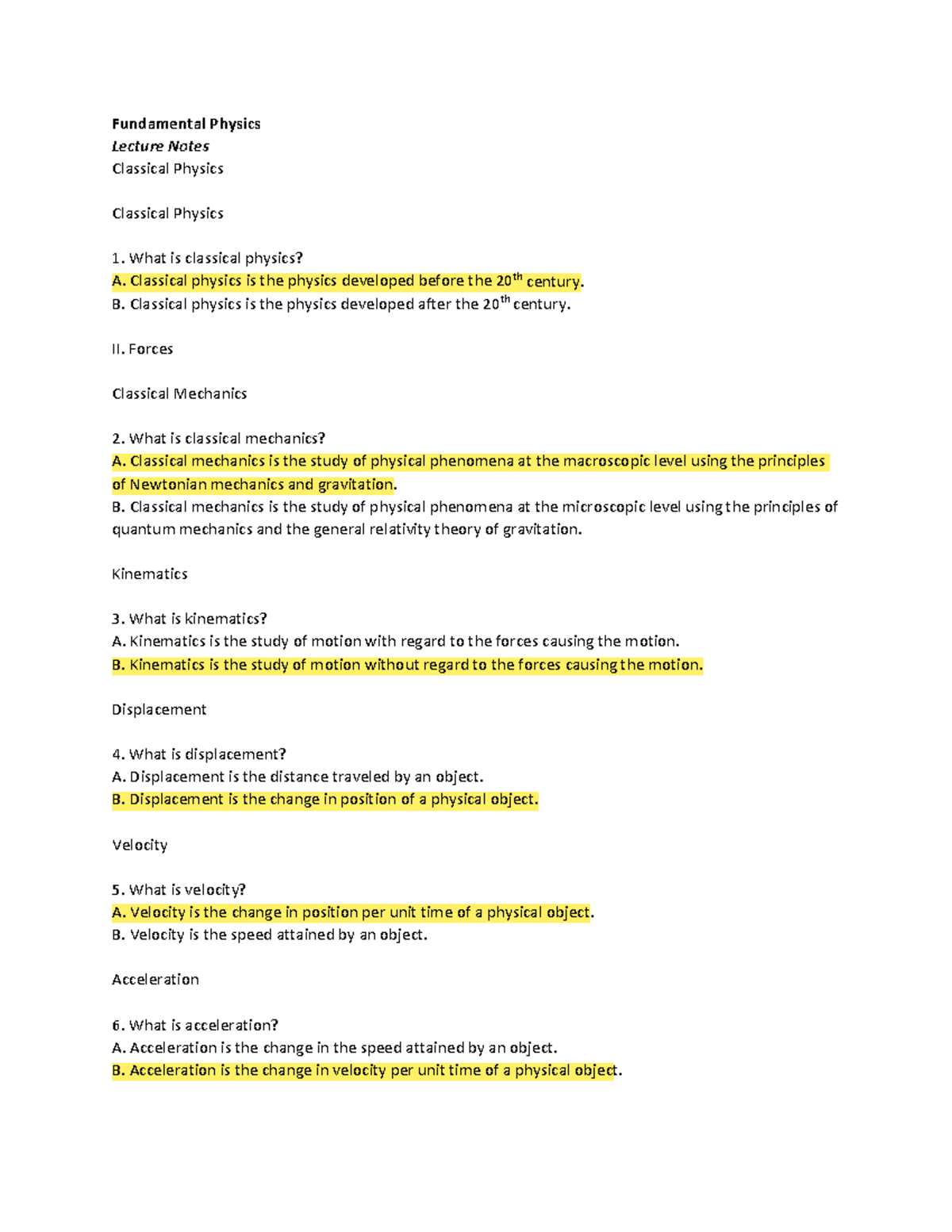 (with key) Forces - Fundamental Physics Lecture Notes Classical Physics ...