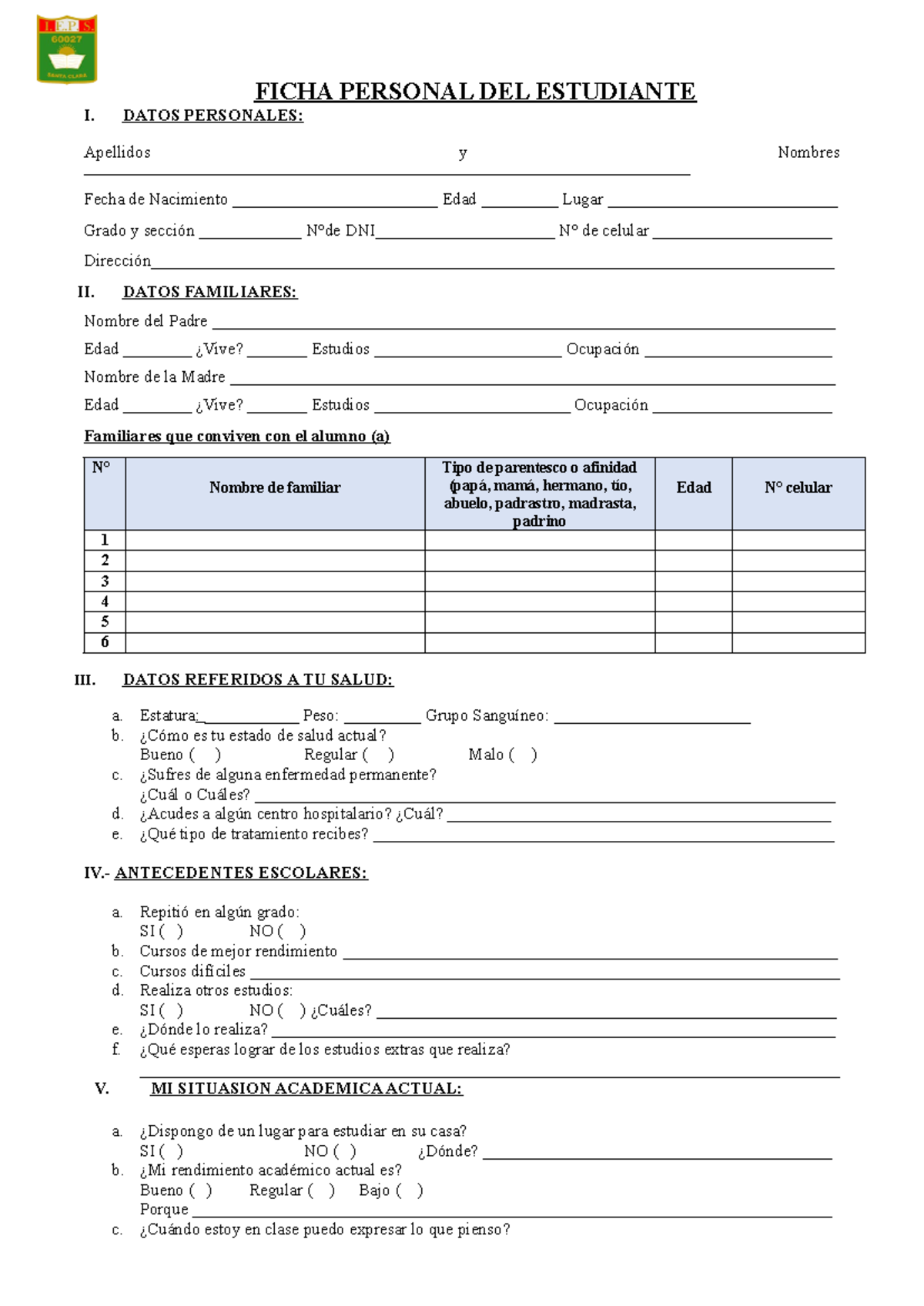 Ficha personal del estudiante 2024 - FICHA PERSONAL DEL ESTUDIANTE I ...