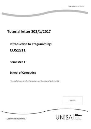 COS1511 105 0 2022 Assignment 4 - Tutorial Letter 105/0/ 2022 Introduction to Programming I COS ...