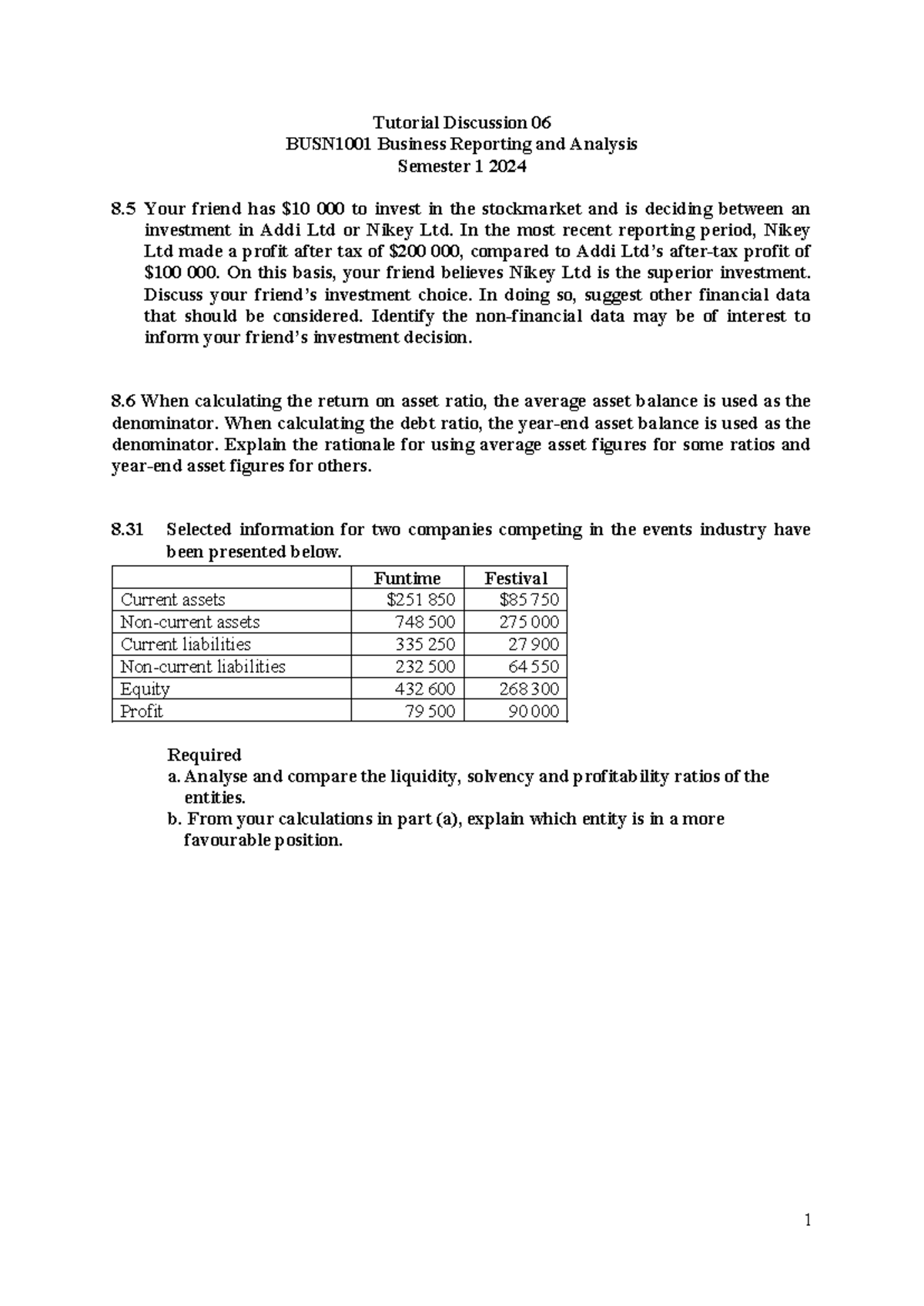 Tutorial Discussion 06 question - Tutorial Discussion 06 BUSN1001 ...