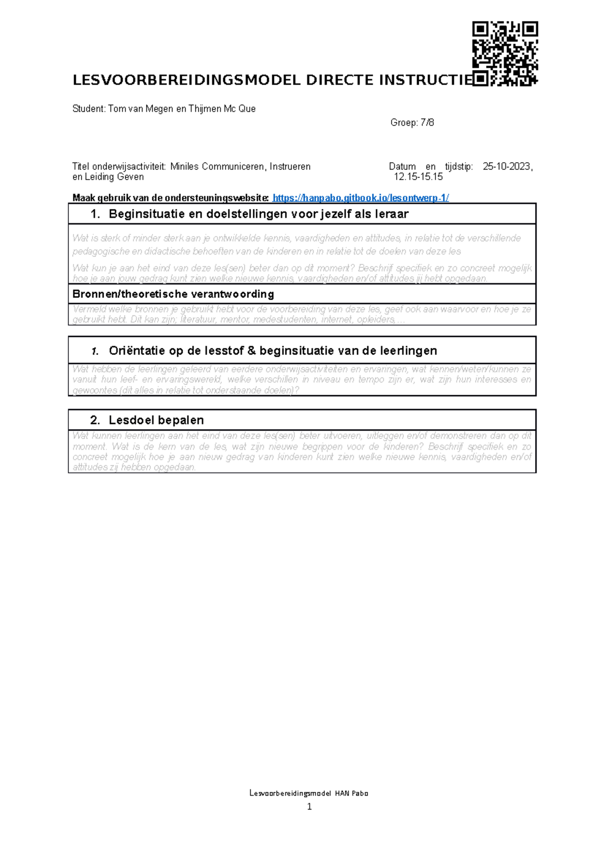 Lesvoorbereidingsformulier - LESVOORBEREIDINGSMODEL DIRECTE INSTRUCTIE ...