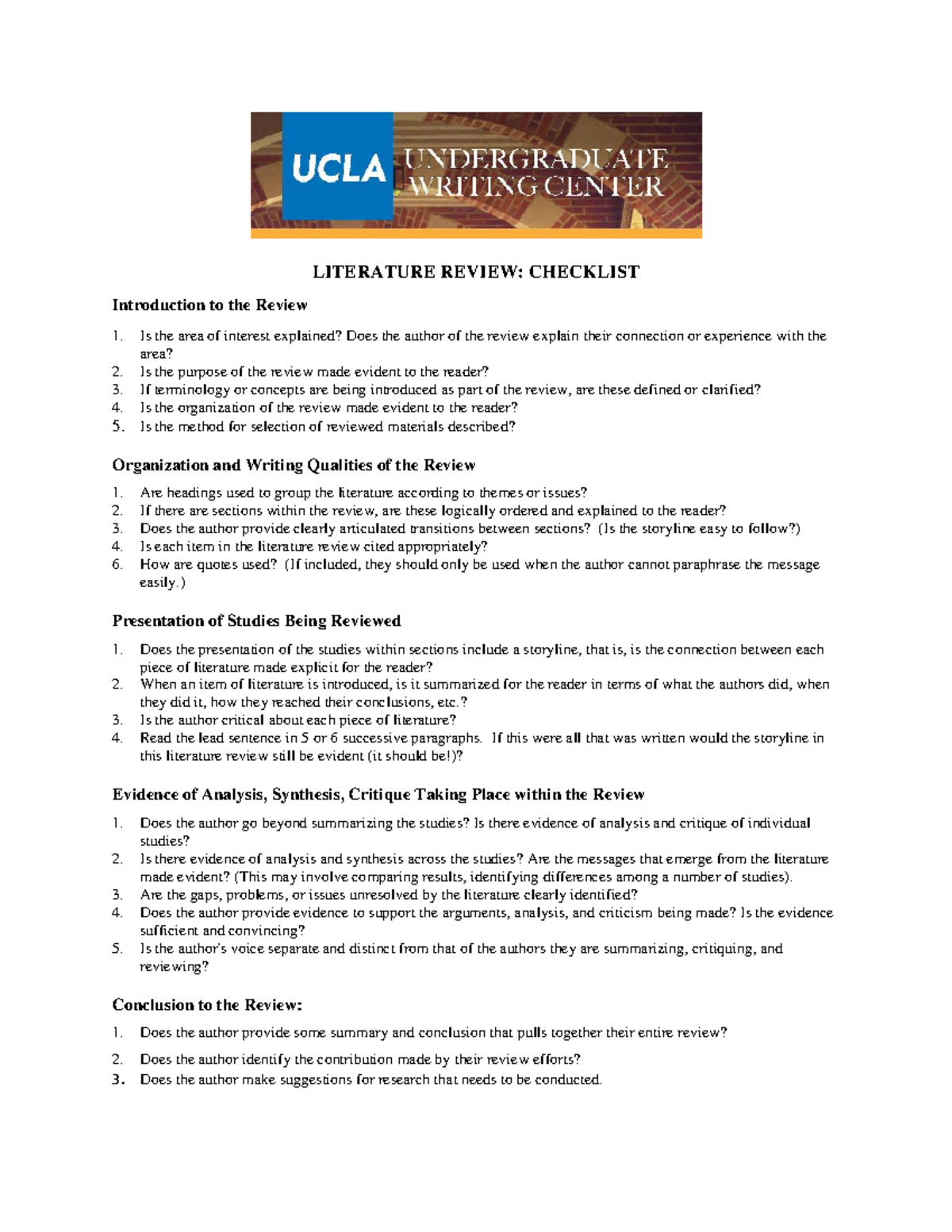 Literature Review checklist - UCLA - LITERATURE REVIEW: CHECKLIST ...
