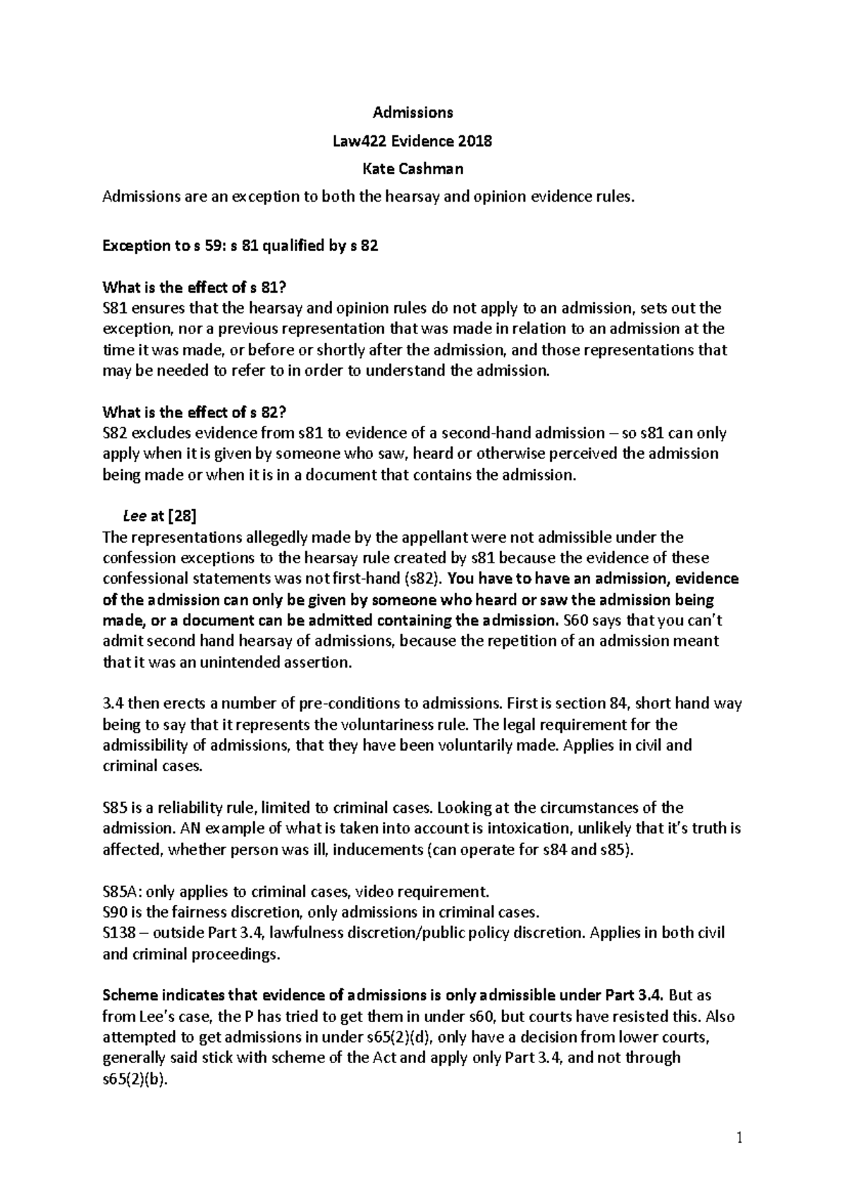 Law422 Wk 8 Admissions notes - Admissions Law422 Evidence 2018 Kate ...